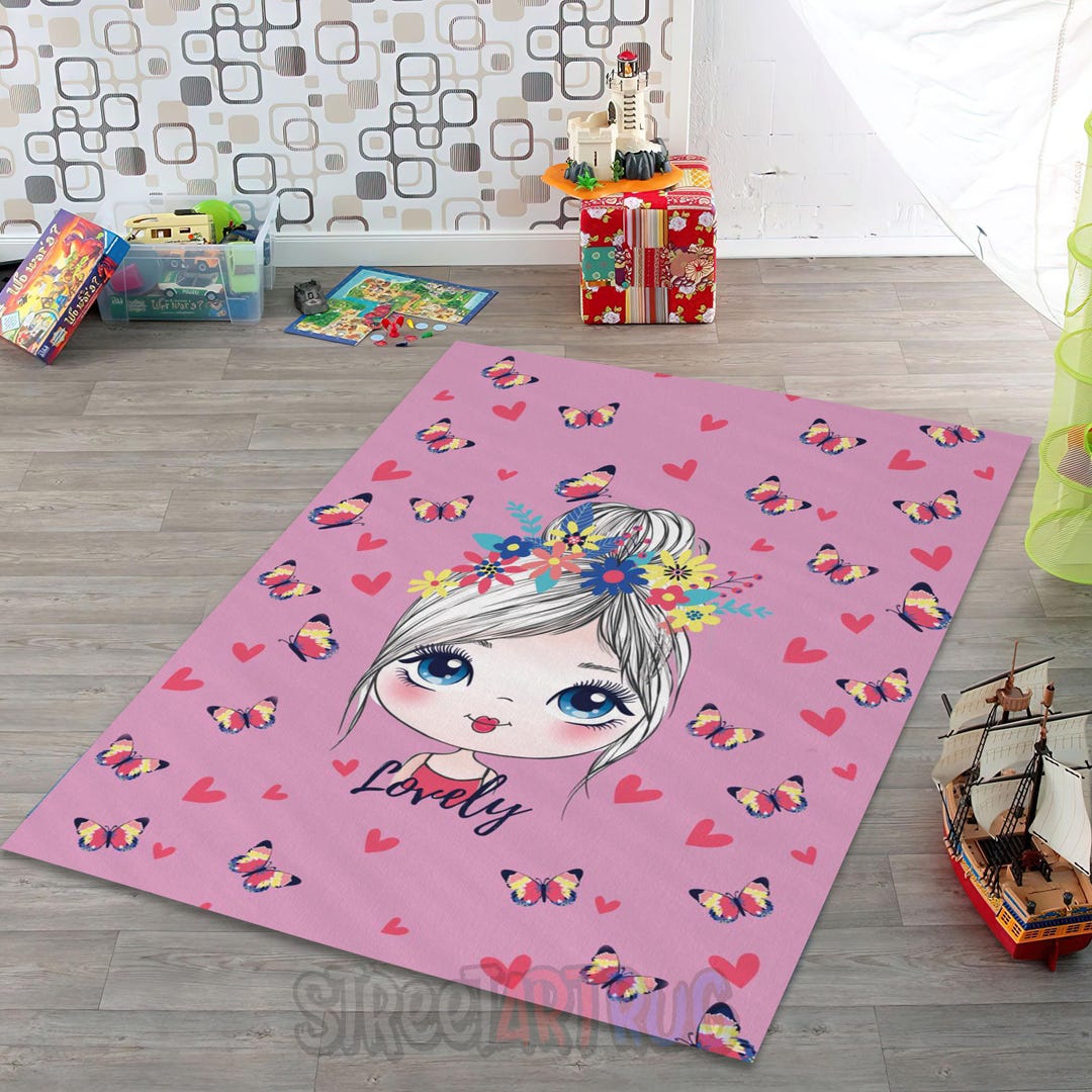 Cute Girl Themed Rug, Girl Room Carpet, Pink Color Kids Room Mat ...