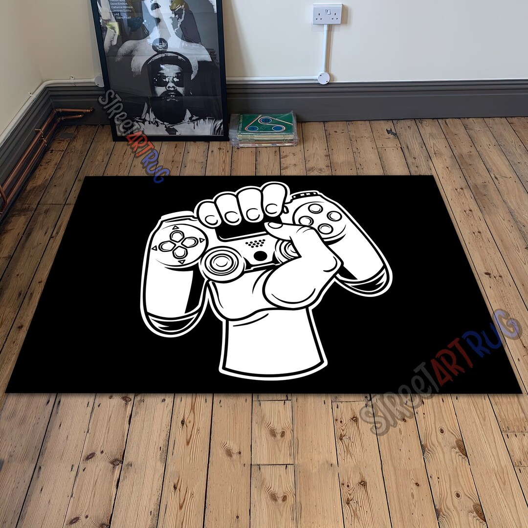 Black Game Controller Rug, Gamer Console Carpet, Gaming Chair Mat, Play ...
