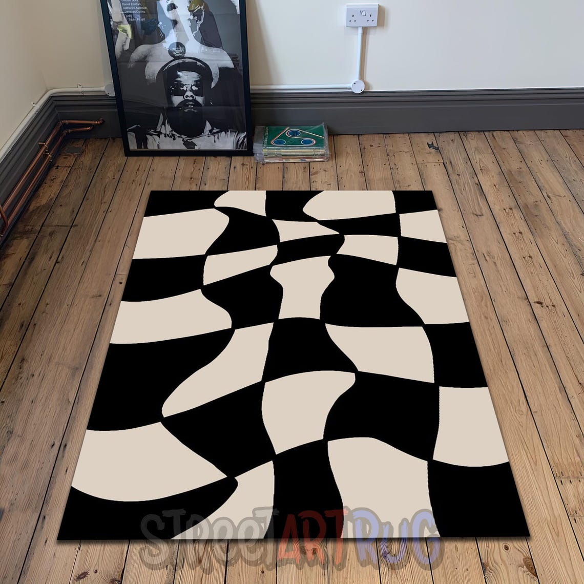 Black Wavy Checkerboard Rug - Melting Grid Carpet - Etsy
