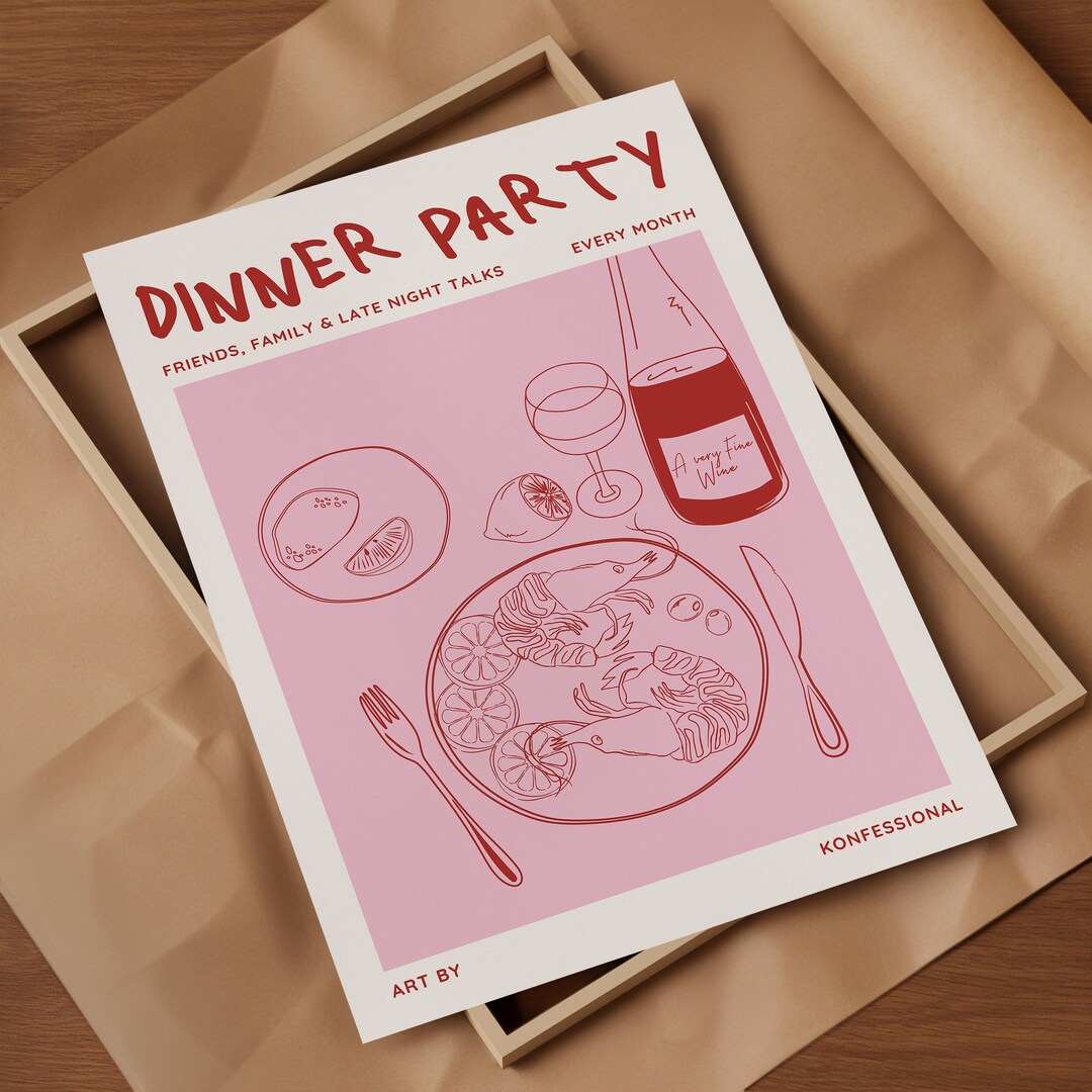 Dinner Party Poster, Vintage Cocktail Poster, Retro Food Art, Mid ...