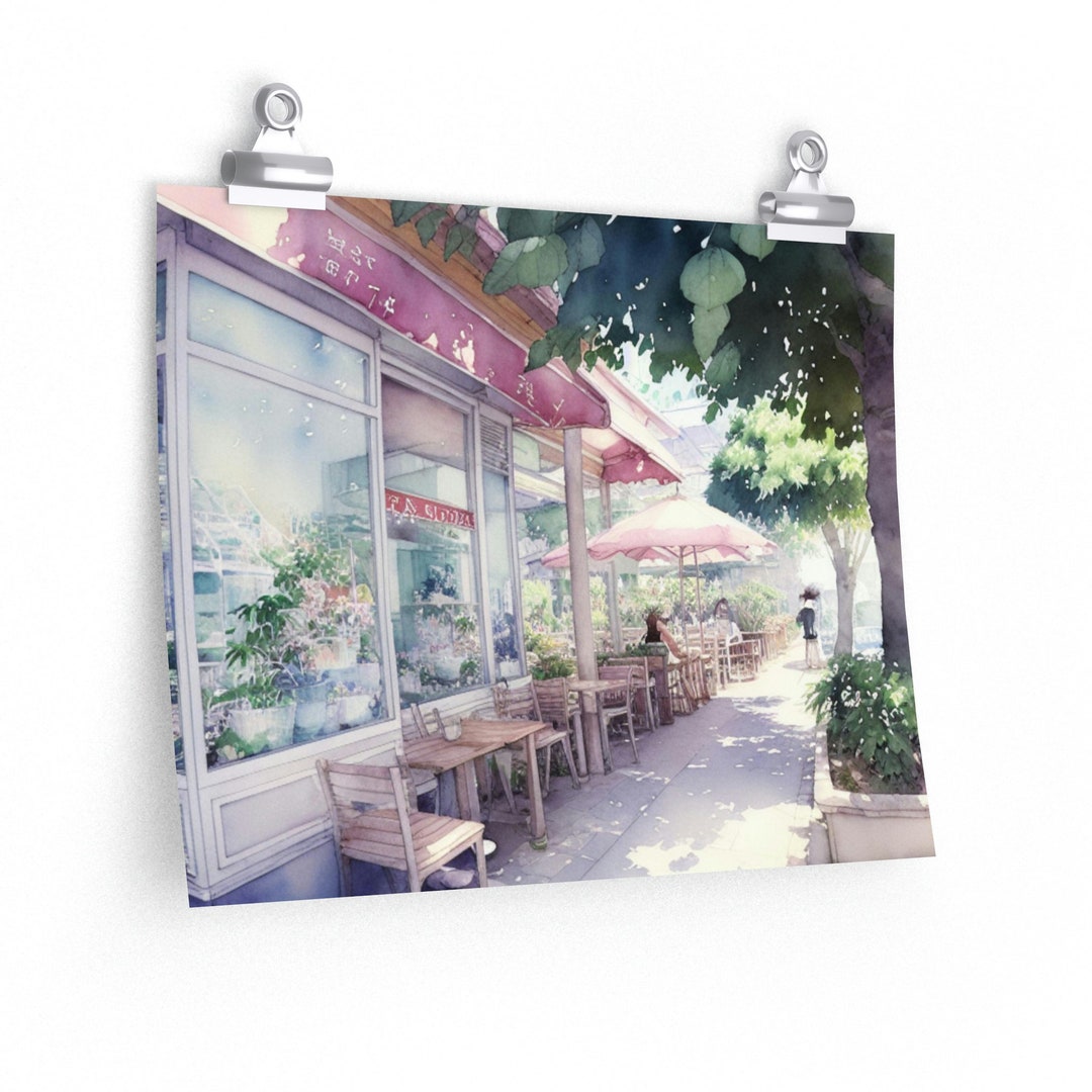 City Scape Dreamy Cafe Watercolor Print | Art Illustration | Poster ...