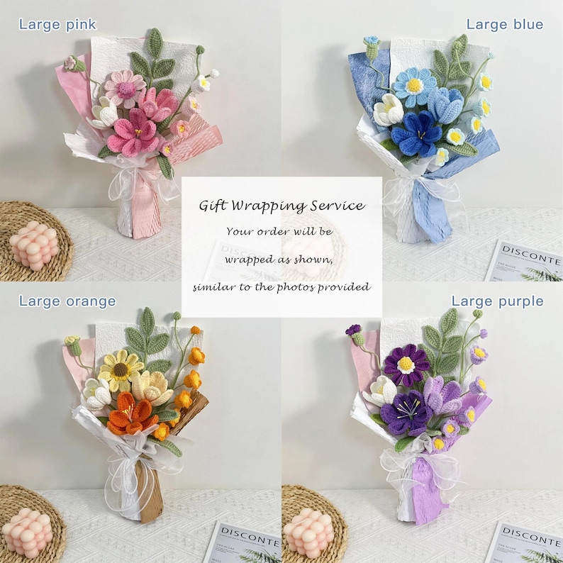 Crochet Flower Bouquet: Handmade Yarn Flowers, 4 Colors, Wrapped & Vase ...