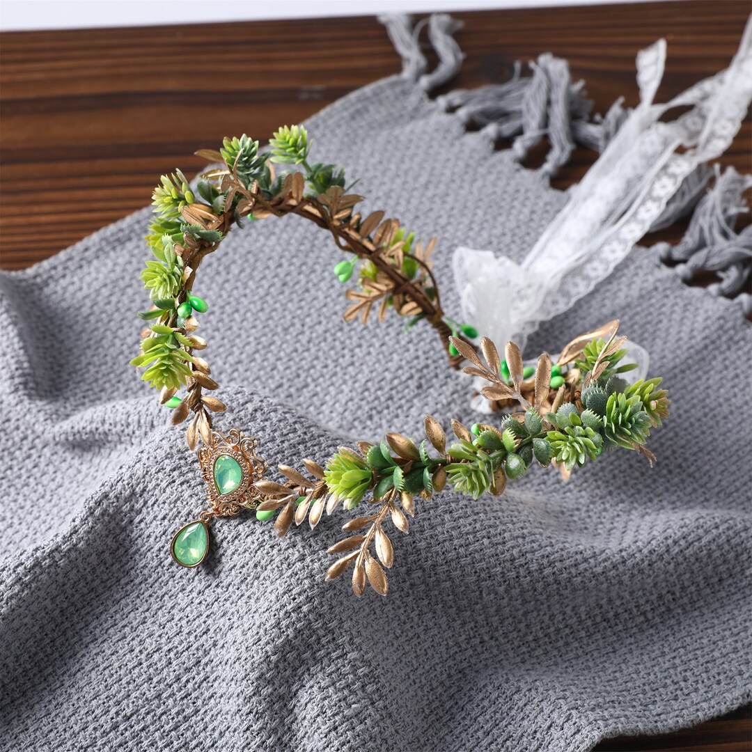 Gold Green Fairy Crown Elf Tiara Elven Forest Headpiece Boho Bridal ...