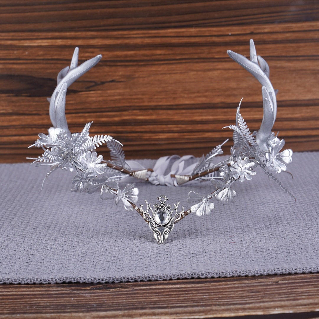 Silver Antler Floral Elven Wedding Deer Crown Woodland Headpiece With ...