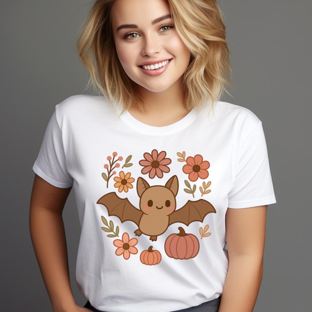 Kawaii Halloween Bat PNG: Pumpkin Floral Sublimation Design (digital ...