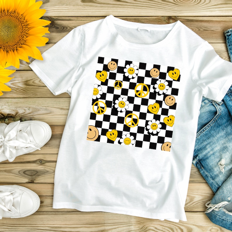 Retro Smile Face, Daisies, Peace Sign and Checks PNG, Grunge Png ...