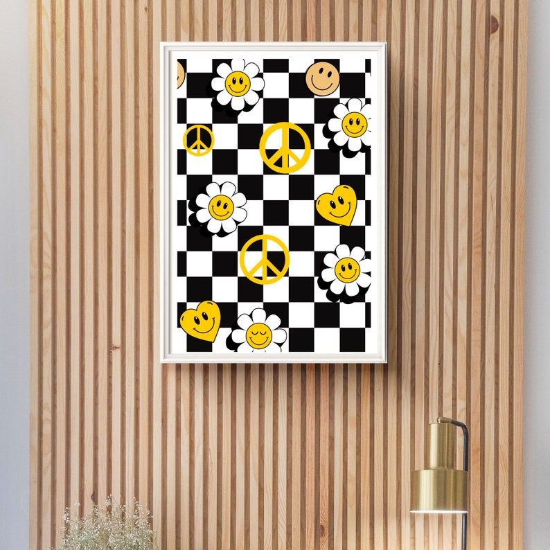 Retro Smile Face Daisies Peace Sign and Checks PNG Grunge - Etsy