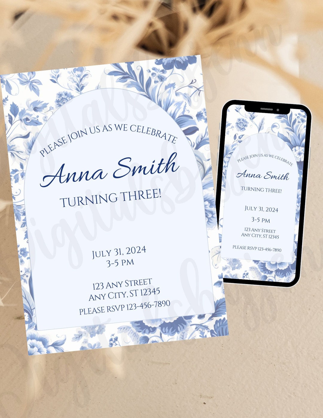 Blue Toile Birthday Invitation|blue Toile Girls Party|canva Template ...