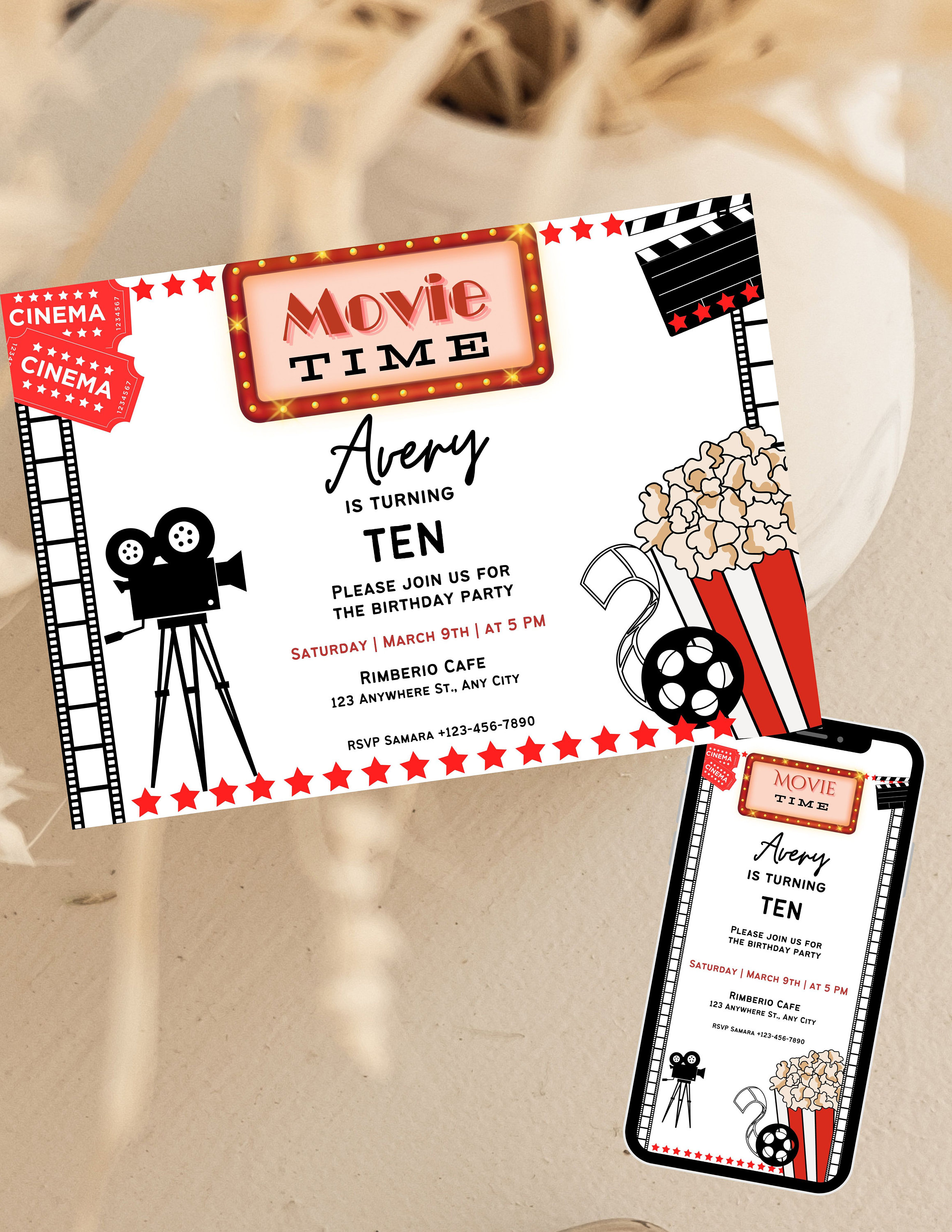 Movie Night Birthday Invitation Party|movie Theme Party|canva Template ...