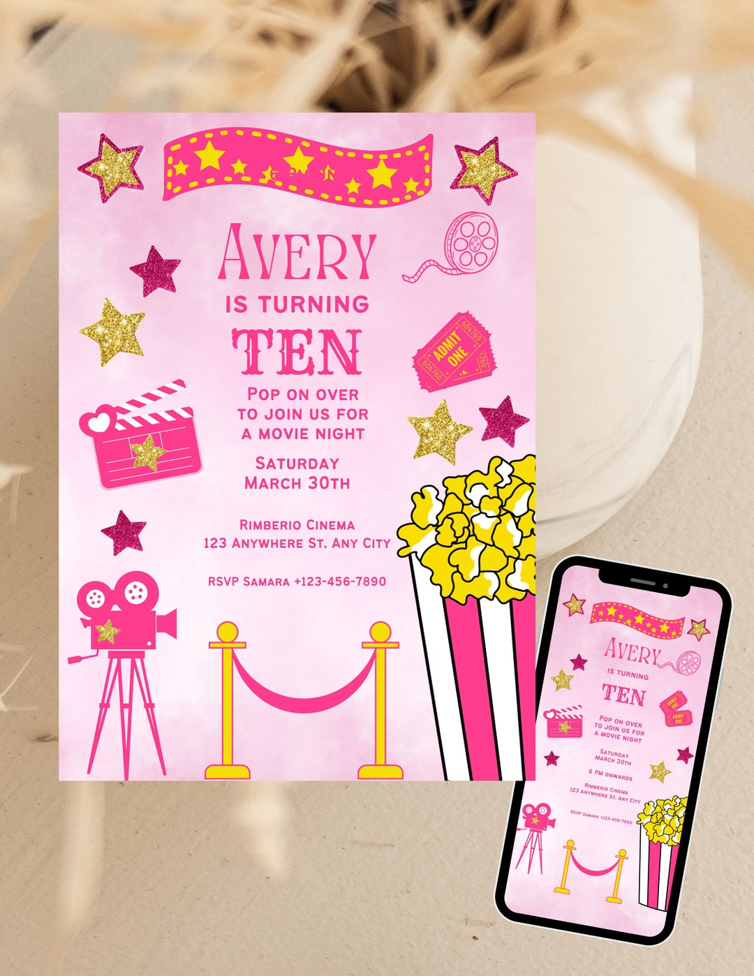 Movie Night Birthday Invitation Girls Party|movie Theme Party|canva ...