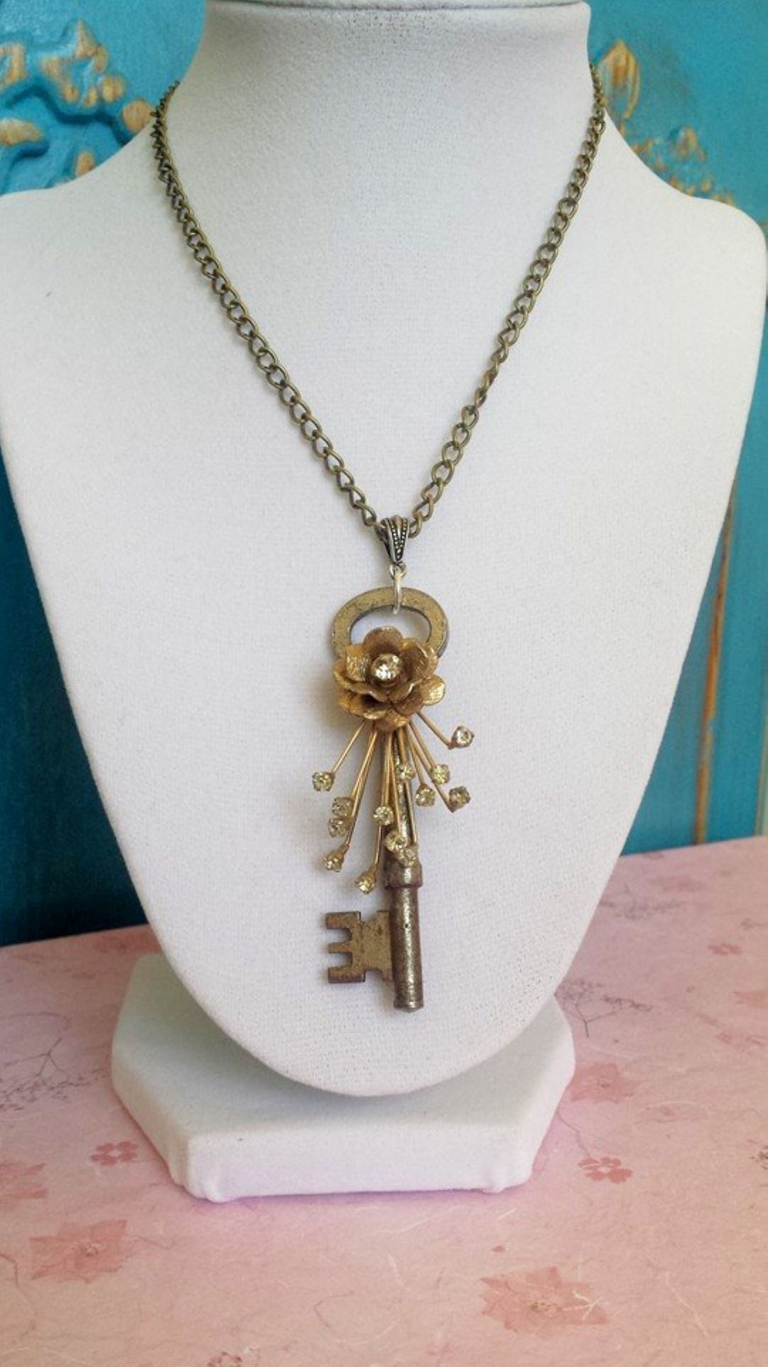 Vintage Rhinestone Gold Tone Rose Skeleton Key Statement Necklace. ONE ...