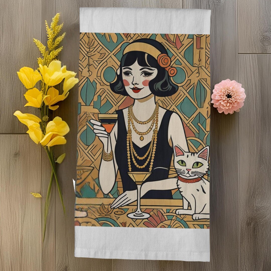 Retro Tea Towel, Art Deco Kitchen Towels, Cat Kitchen Towel, Vintage ...
