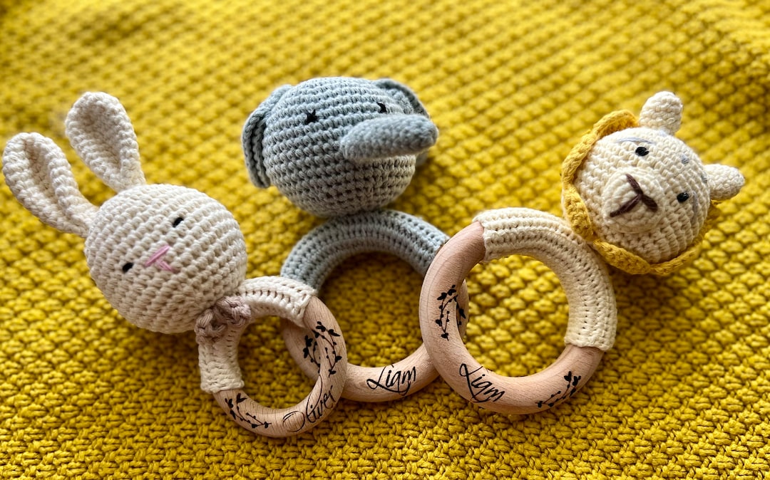Engraved Baby Rattle, Crochet Baby Rattle, Personalized Baby Shower ...