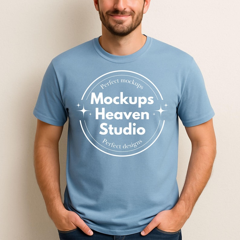 Gildan 64000 Stone Blue T-shirt Mockup | G640 Stone Blue Men's T-shirt ...