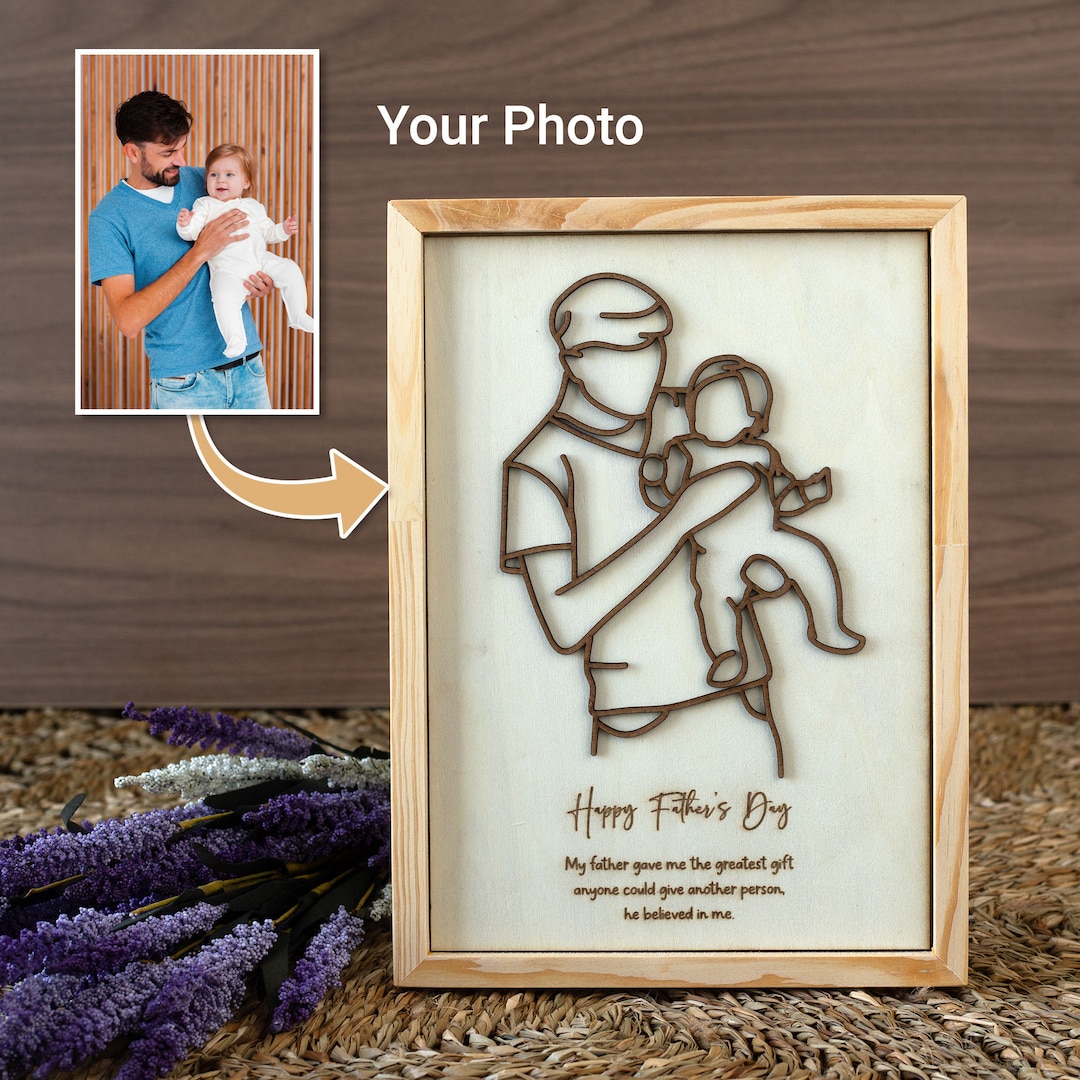 Custom Father and Son Portrait Framed Art, Custom Engraved Wood Picture Frame, Engraved Photo ...