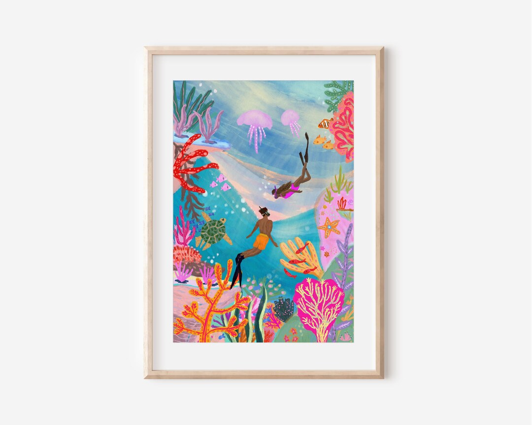 Wild Swimming Art Print, Couple Swimming, Ocean Wall Art, Sea Poster ...