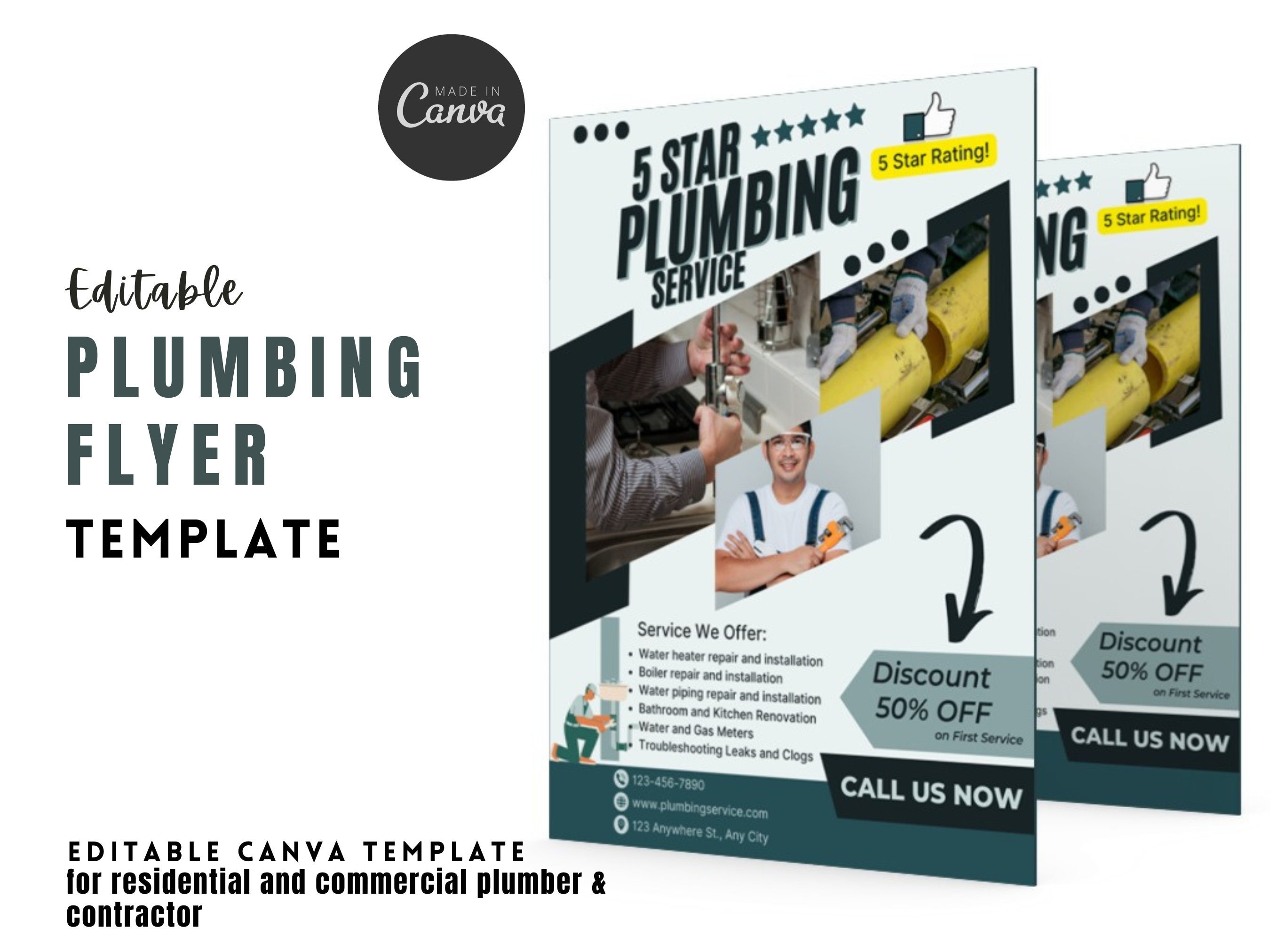 Plumbing Flyer Editable Printable Canva Template | Plumbing Marketing ...
