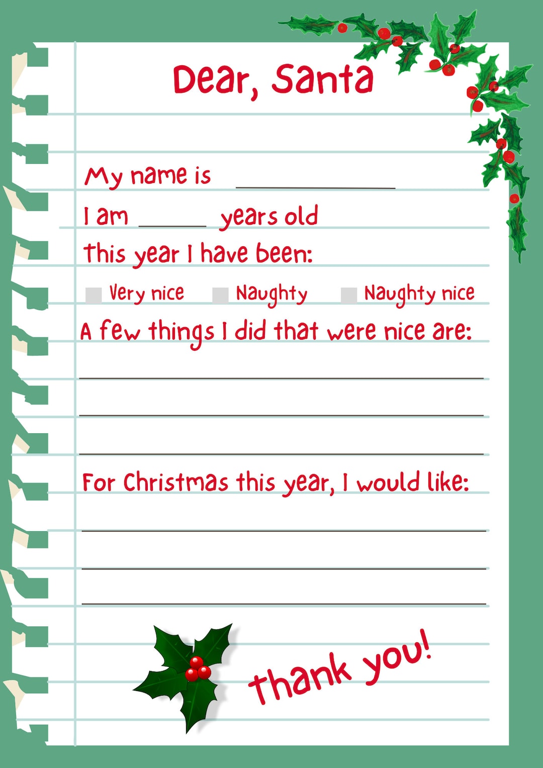 Fillable Letter to Santa, Holiday, Merry Christmas, Printable, Santa ...