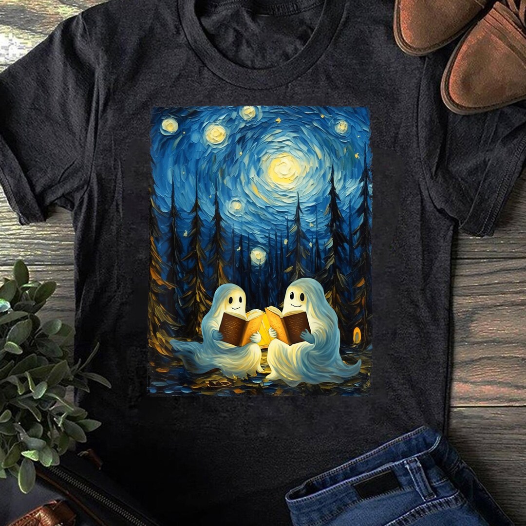 Starry Night Ghost Book Reading Camping Halloween Van Gogh T-shirt ...