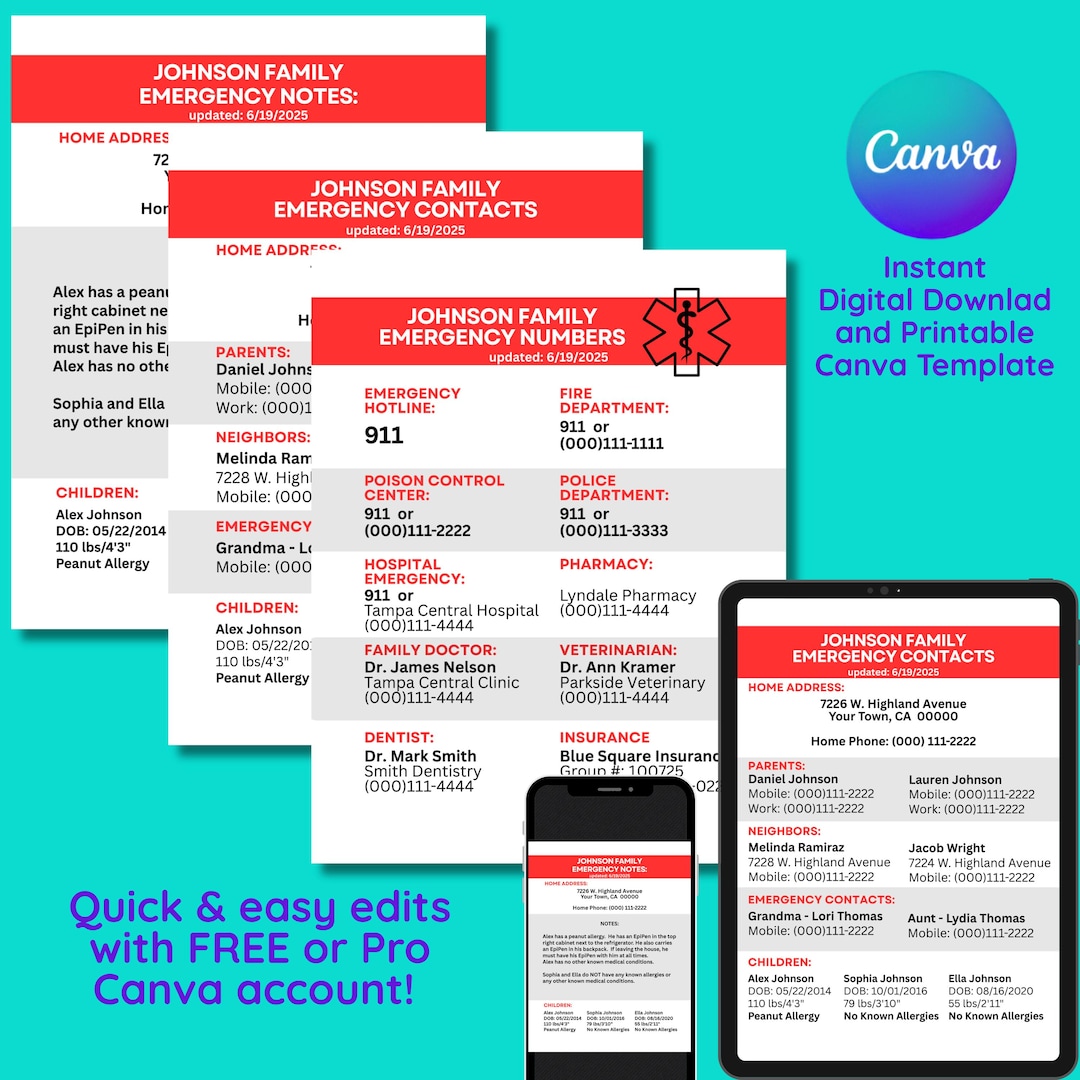 Editable Emergency Contact Sheet Bundle, Canva Template Printable ...