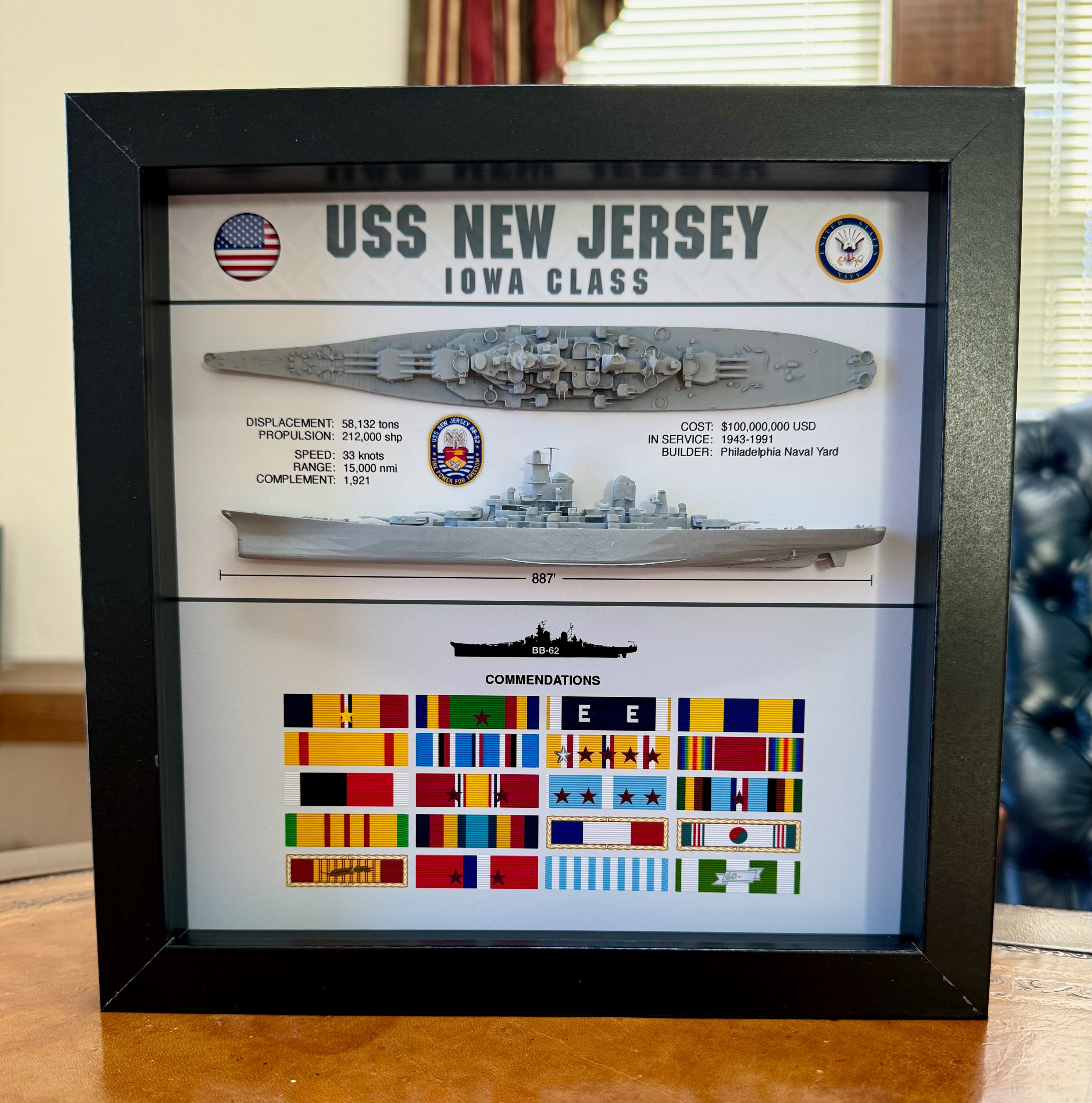 USS New Jersey Battleship Display Shadow Box, BB-63, Iowa Class, WW2, 9 ...