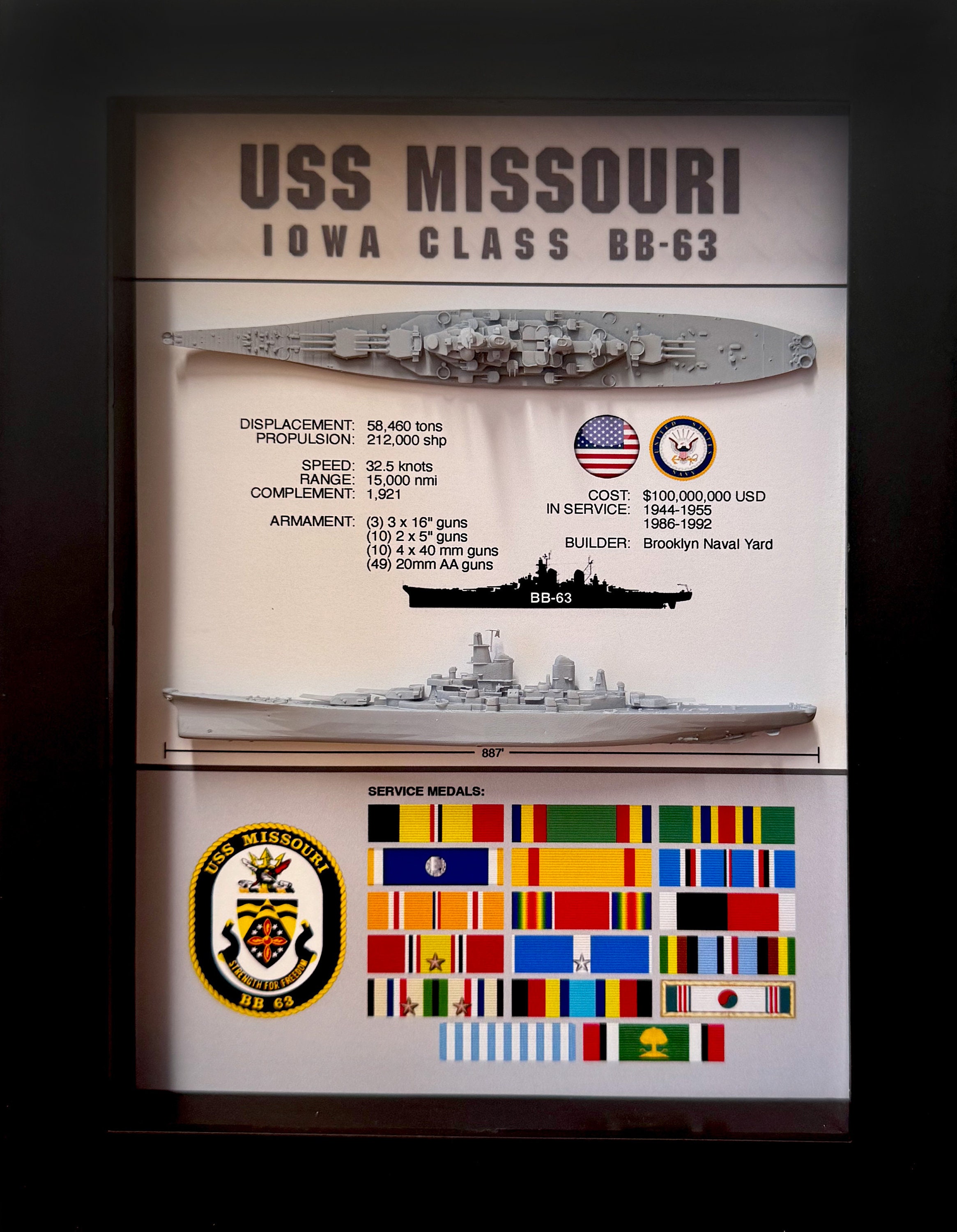 USS Missouri Memorial Display Shadow Box, BB-63, WW2, 6 X 8, Iowa Class ...