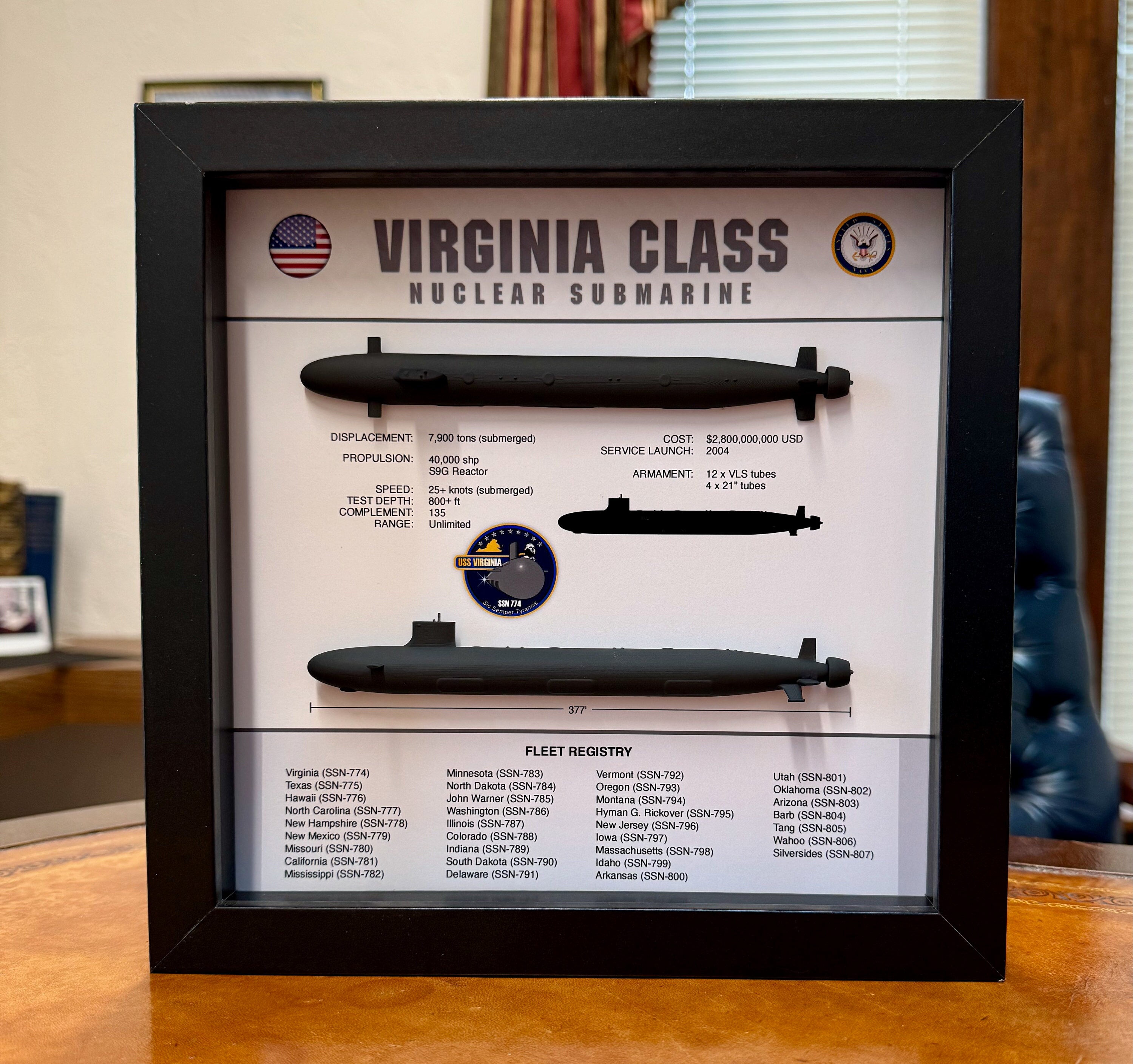 Virginia Class Submarine Memorial Display Shadow Box, SSN-774, 9 X 9 ...