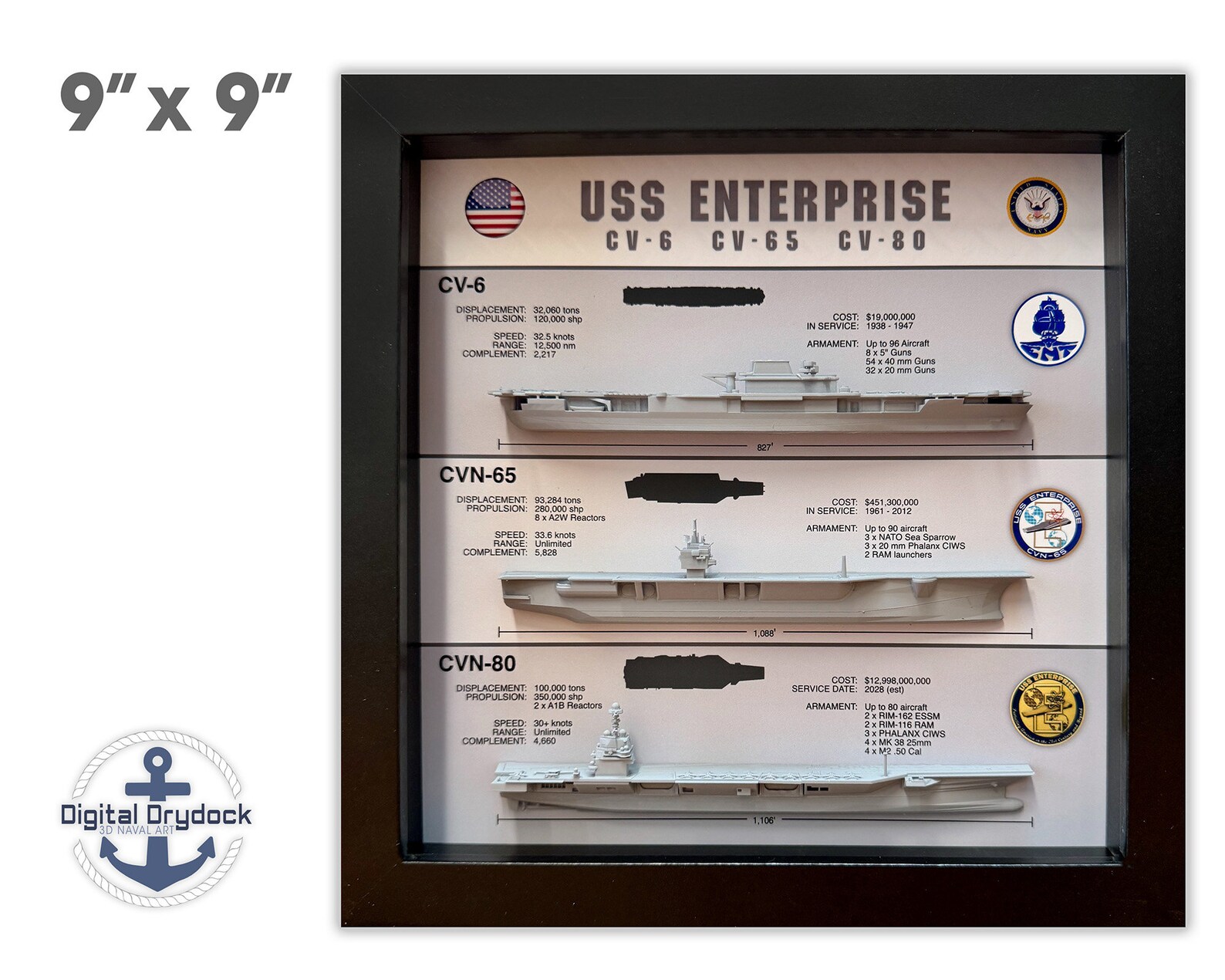 Enterprise Legacy Display Shadow Box, CV-6, CVN-65, CVN-80, 9" X 9 ...