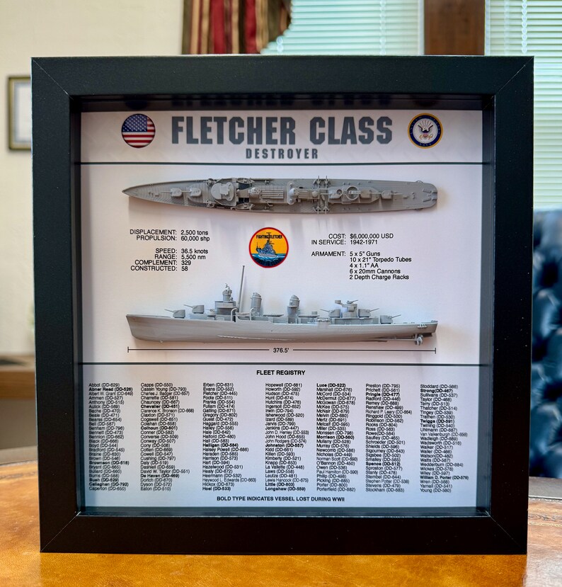 Fletcher Class Destroyer Memorial Display Shadow Box, WW2, 9" X 9 ...