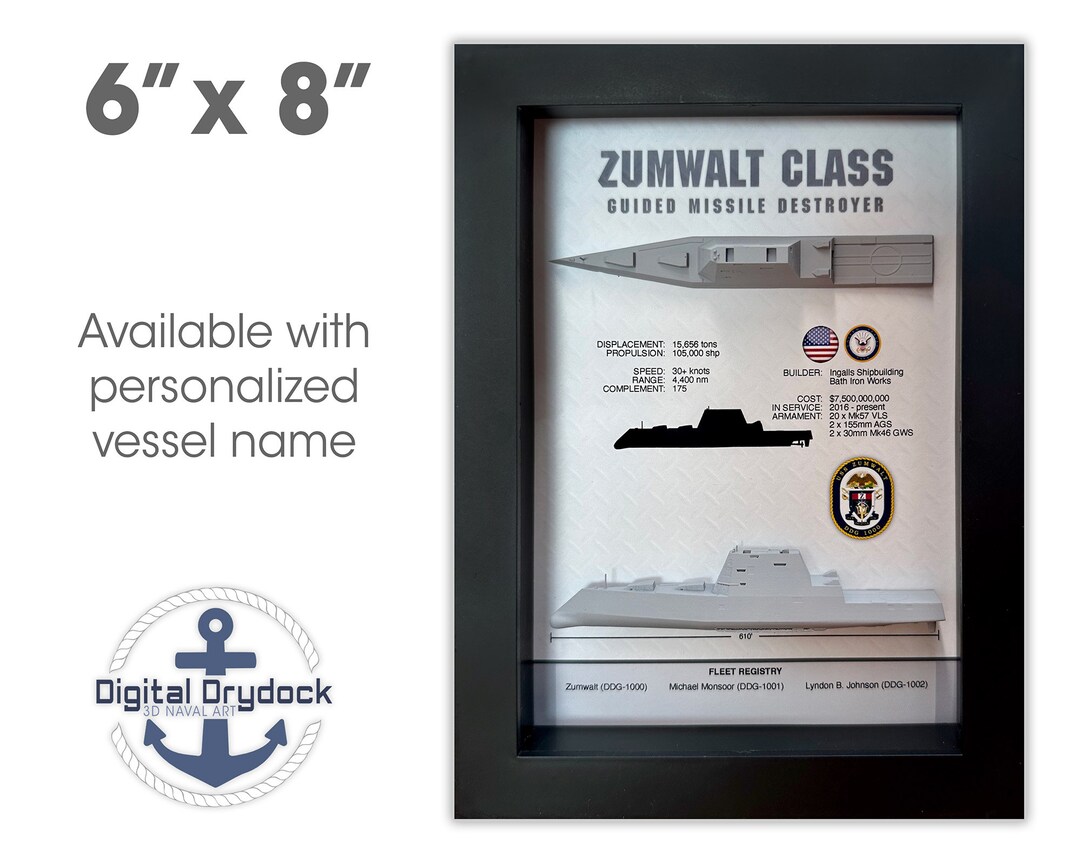 Zumwalt Class, Guided Missile Destroyer Memorial Display Shadow Box, 6 ...