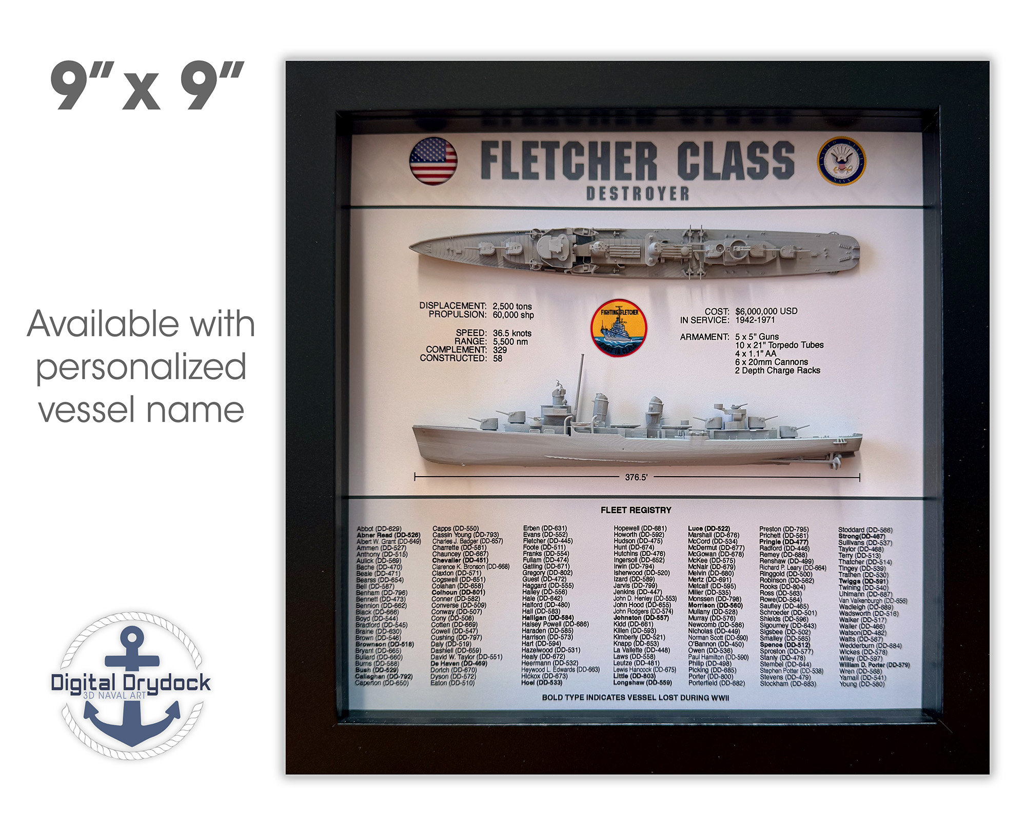 Fletcher Class Destroyer Memorial Display Shadow Box, WW2, 9" X 9 ...