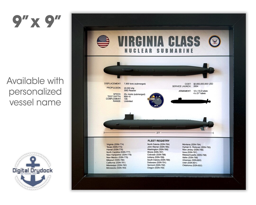 Virginia Class Submarine Memorial Display Shadow Box, SSN-774, 9" X 9 ...