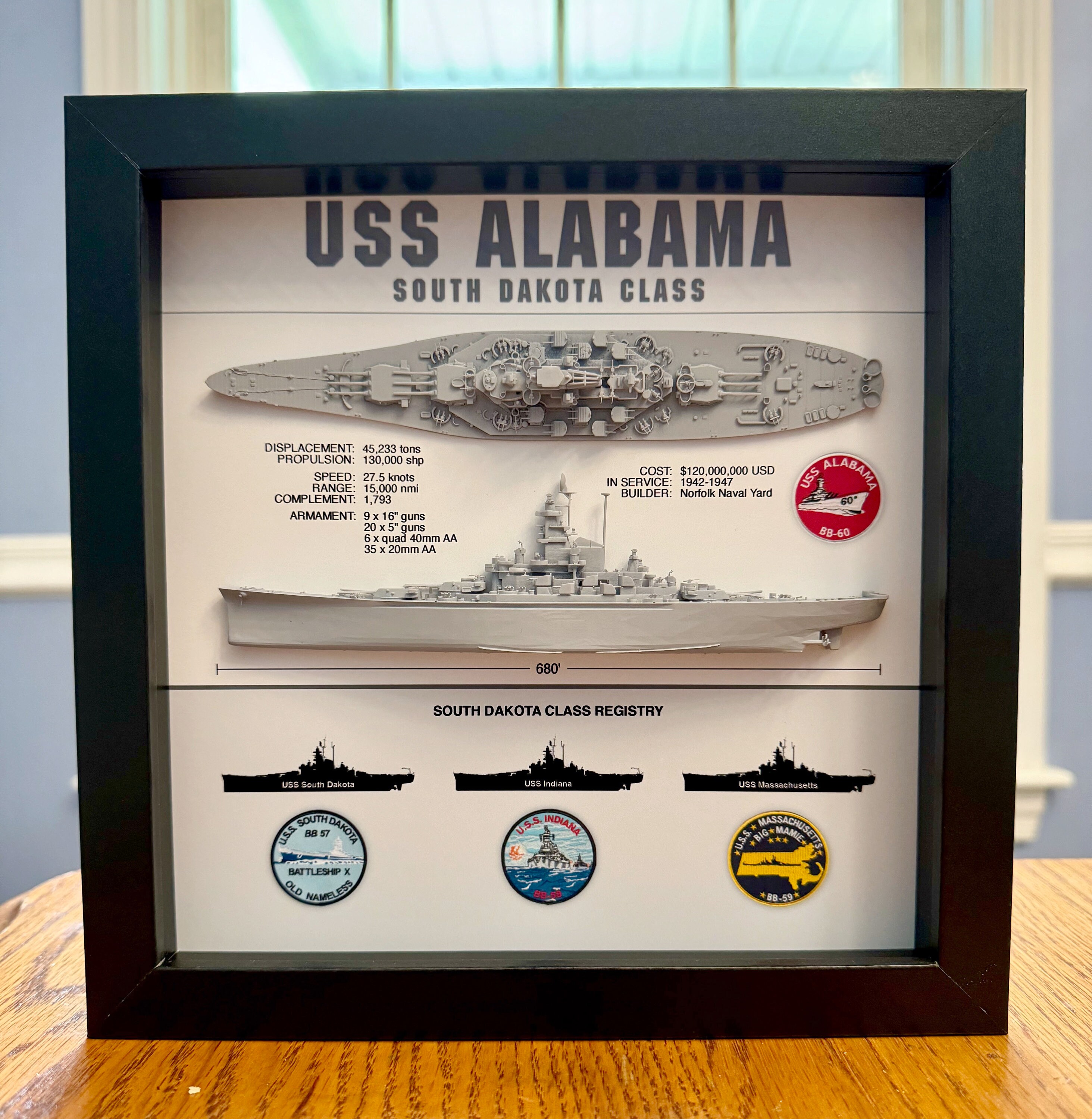 USS Alabama Battleship Display Shadow Box, BB-60, South Dakota Class ...