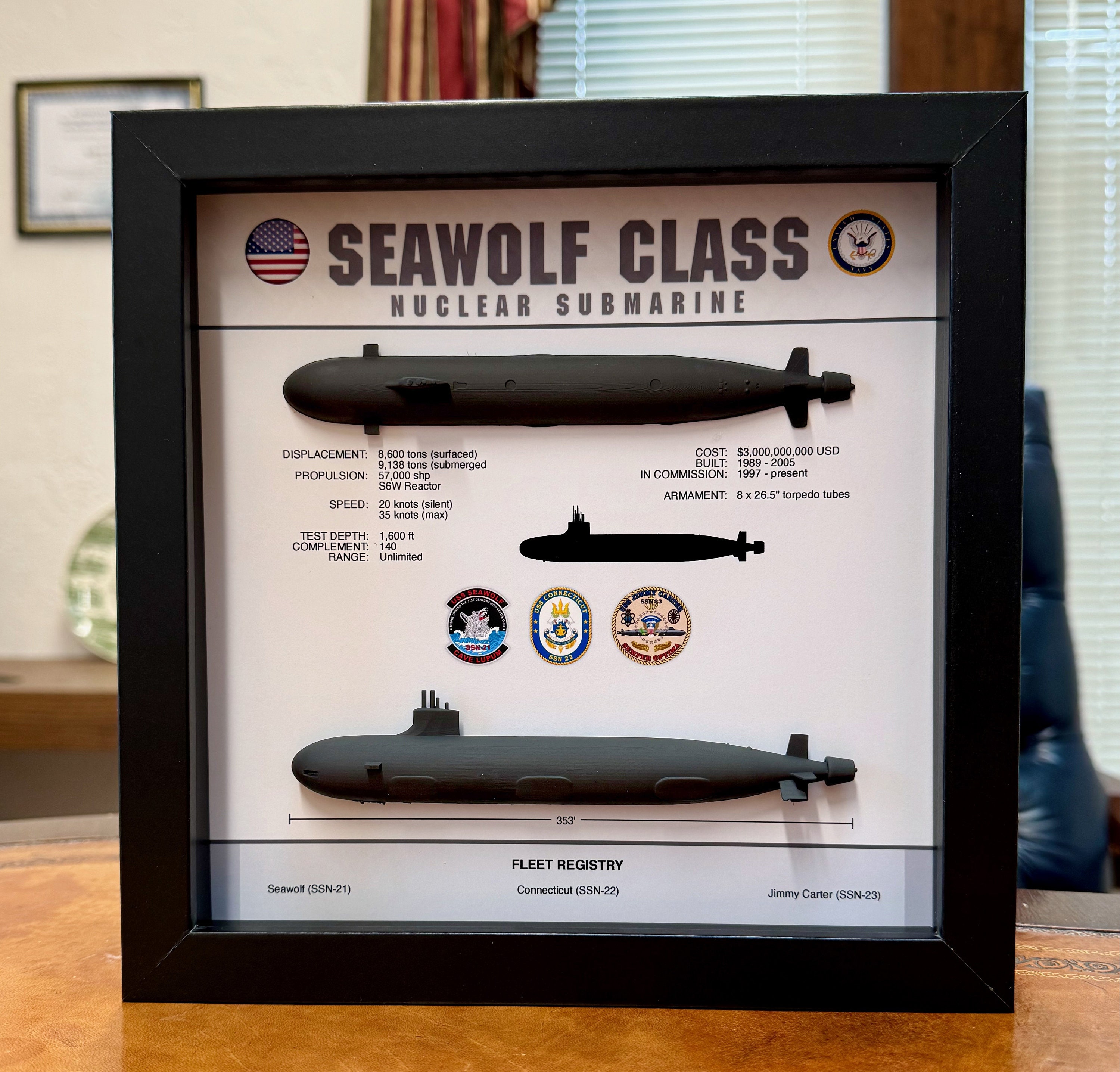 Seawolf Class Submarine Memorial Display Shadow Box, 9" X 9", Black - Etsy