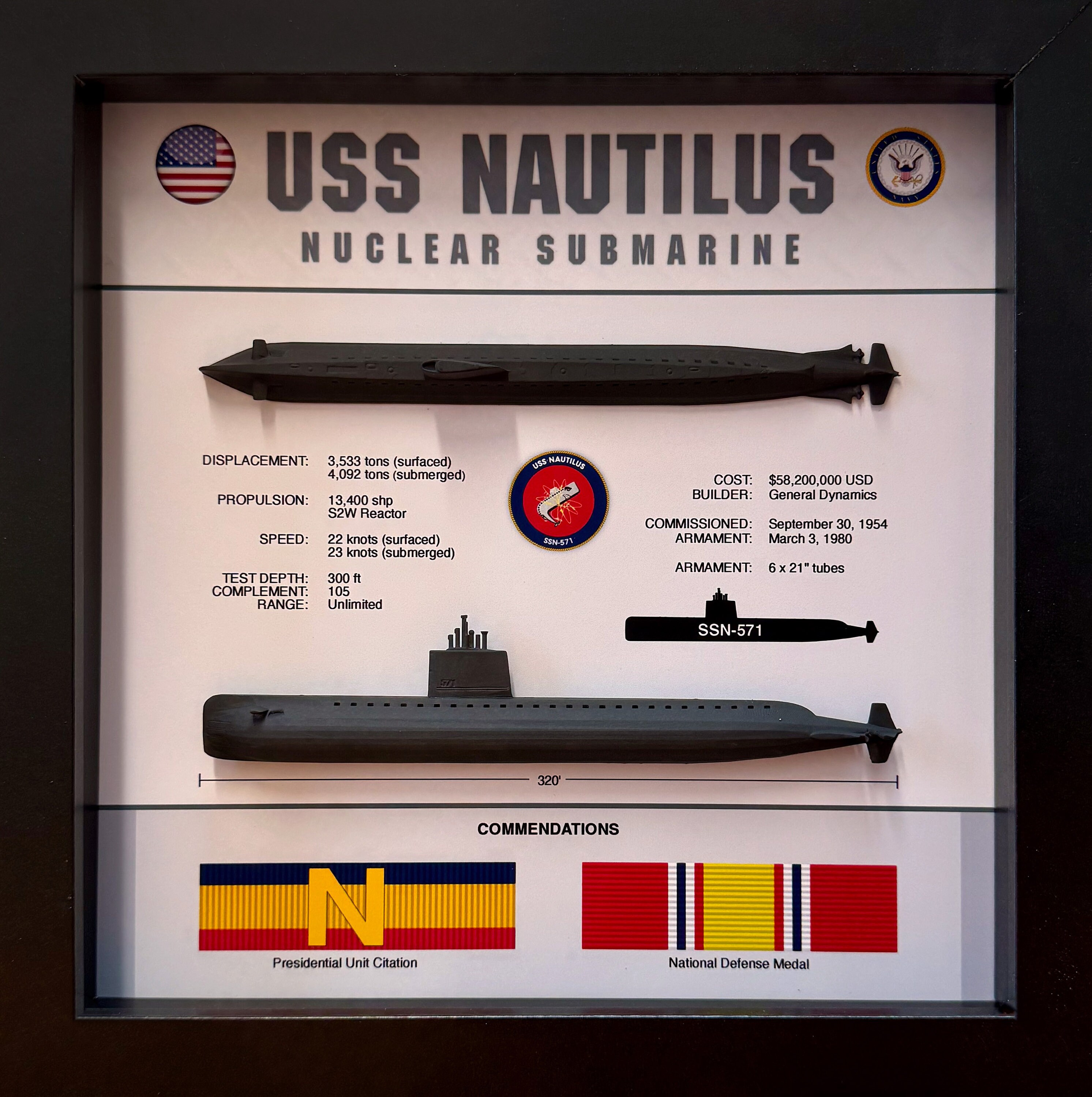 USS Nautilus Submarine Memorial Display, SSN-571, Shadow Box, 9 X 9 ...