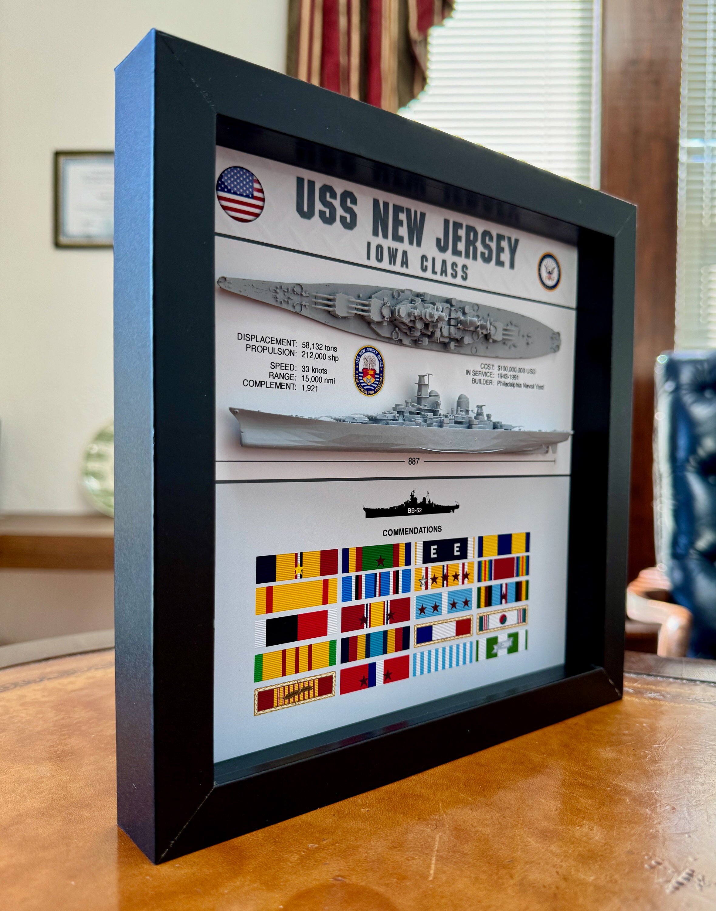 USS New Jersey Battleship Display Shadow Box, BB-63, Iowa Class, WW2, 9 ...