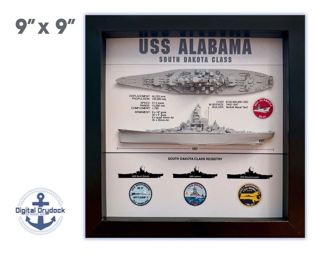 USS Alabama Battleship Display Shadow Box, BB-60, South Dakota Class ...