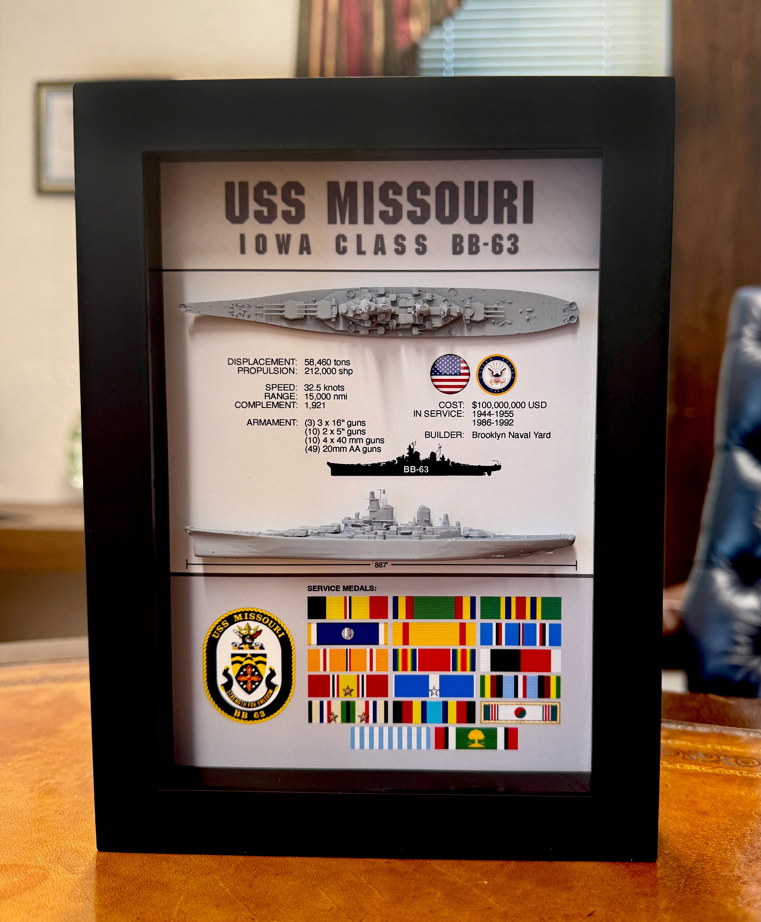 USS Missouri Memorial Display Shadow Box, BB-63, WW2, 6 X 8, Iowa Class ...