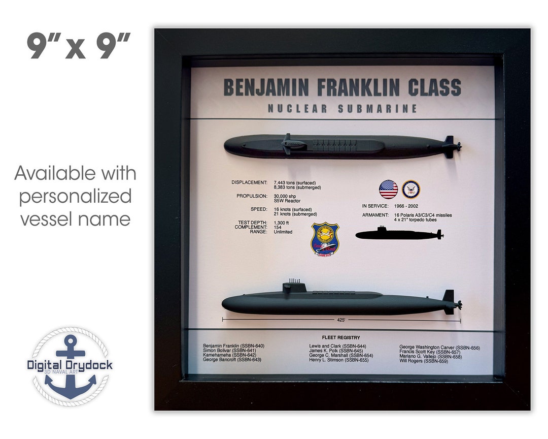 Benjamin Franklin Class, Submarine Memorial Display Shadow Box, 9" X 9 ...