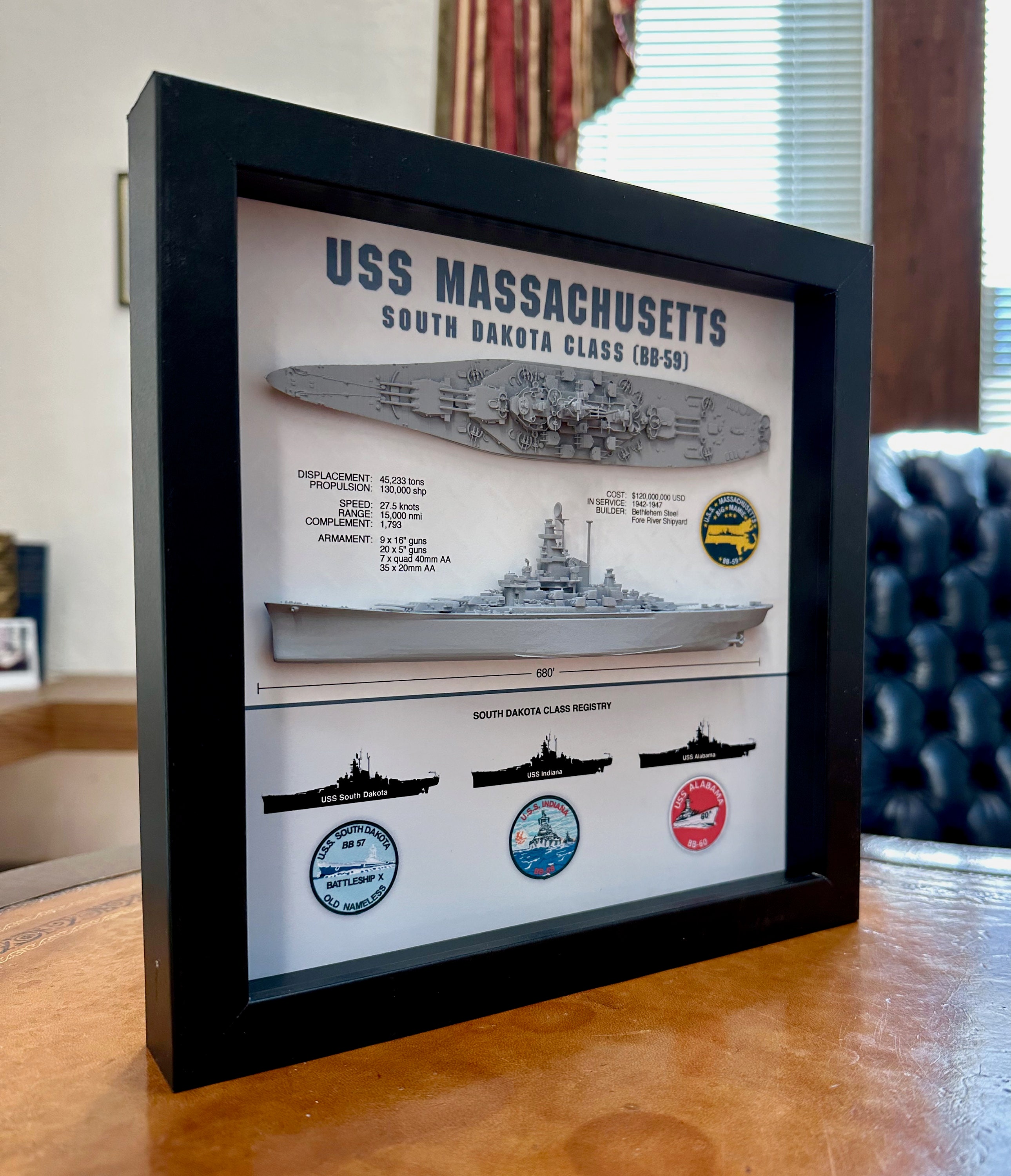 USS Massachusetts Battleship Display Shadow Box, BB-59, South Dakota ...