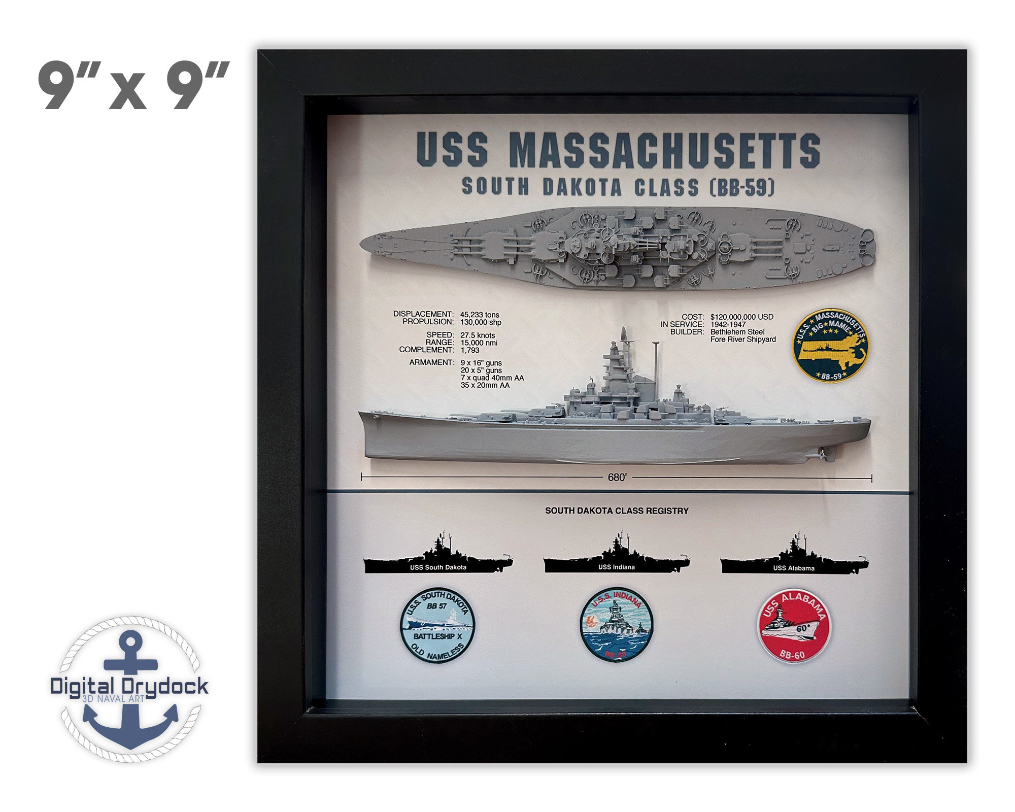 USS Massachusetts Battleship Display Shadow Box, BB-59, South Dakota ...