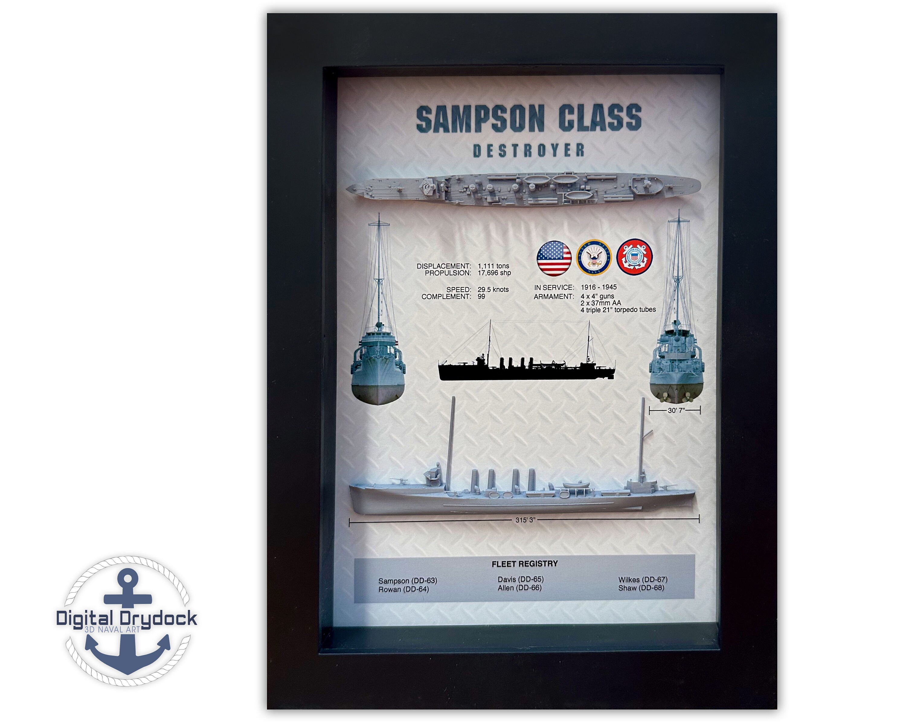 Sampson Class Destroyer Memorial Display Shadow Box, WW1, 6" X 8 ...