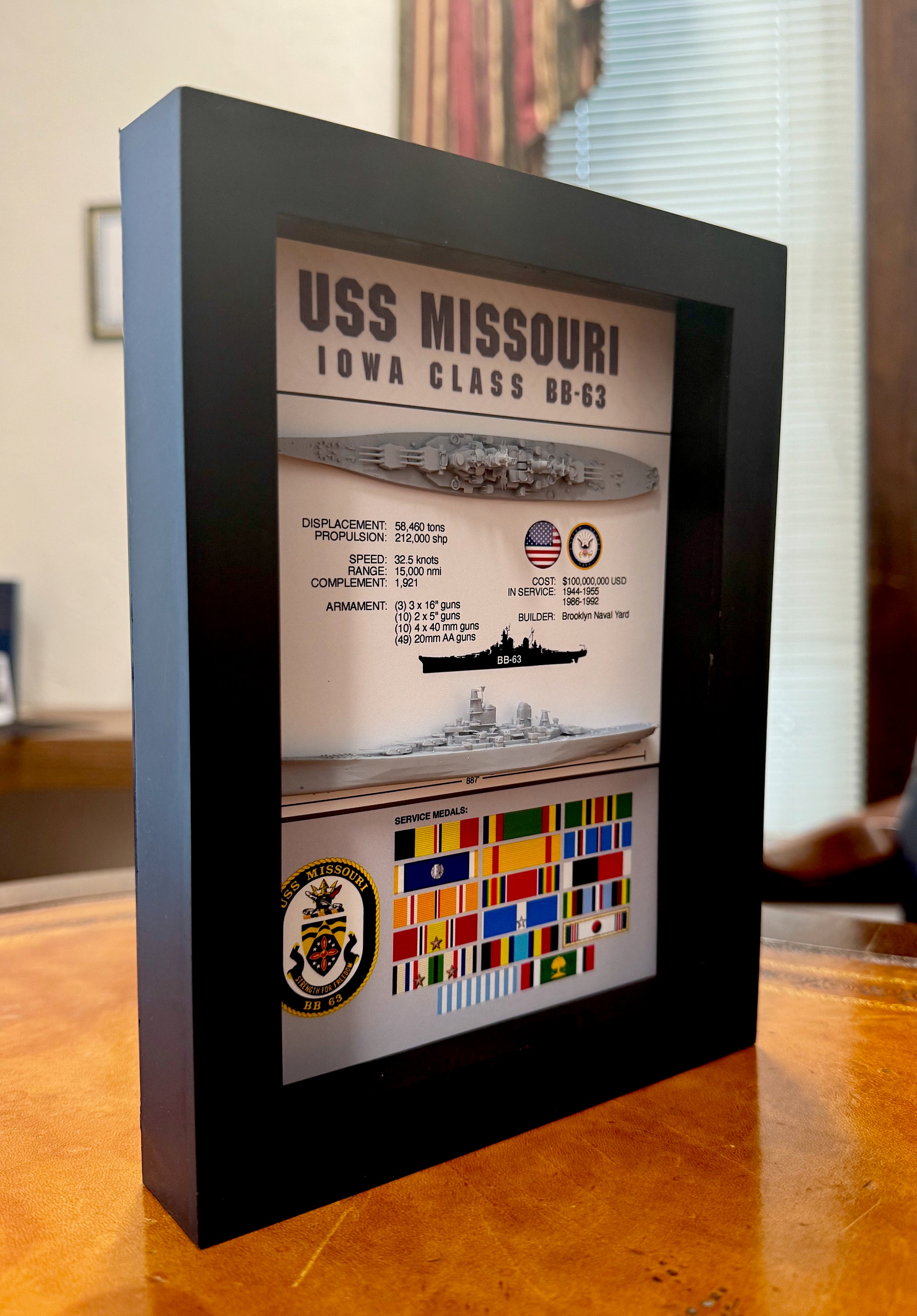 USS Missouri Memorial Display Shadow Box, BB-63, WW2, 6 X 8, Iowa Class ...