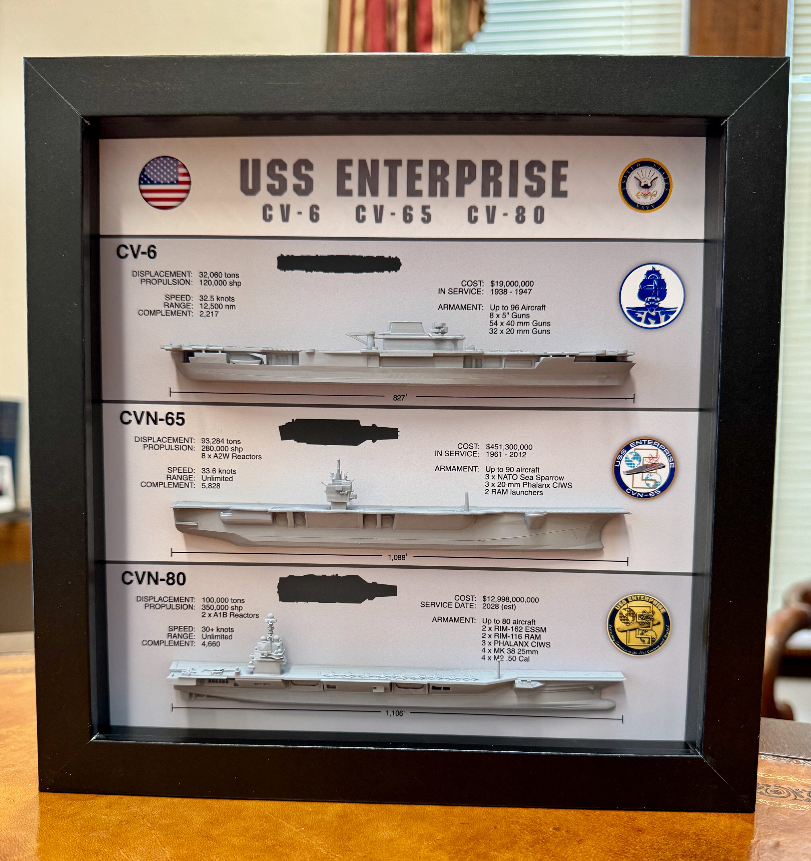 Enterprise Legacy Display Shadow Box, CV-6, CVN-65, CVN-80, 9 X 9 ...