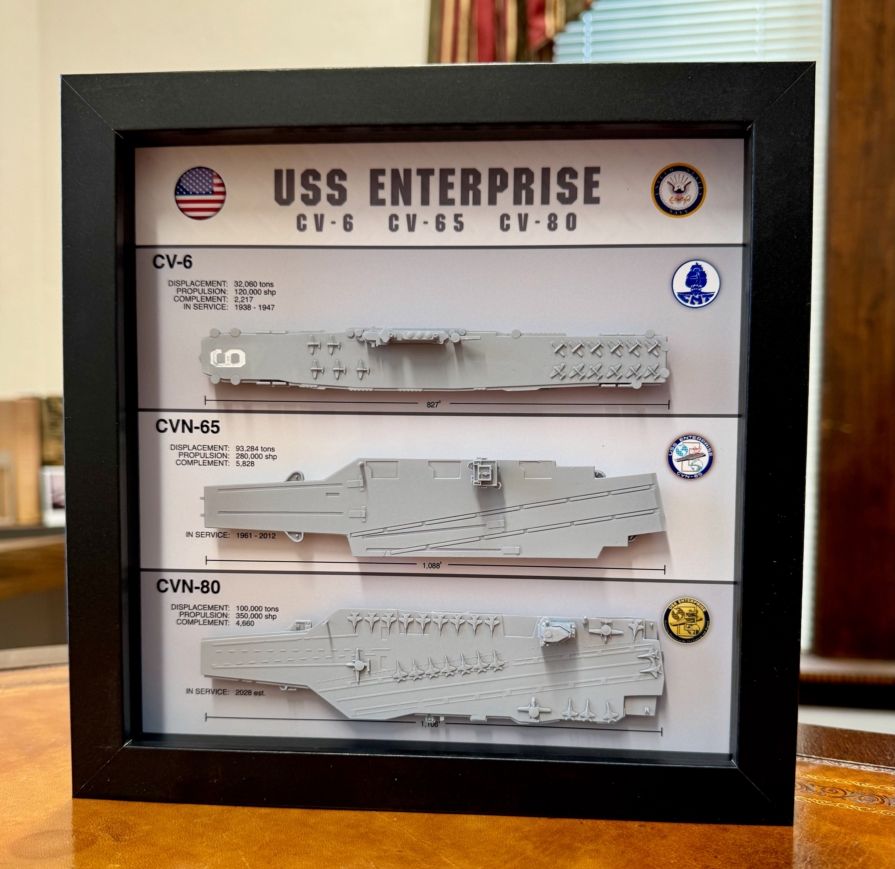 Enterprise Legacy Display Shadow Box, CV-6, CVN-65, CVN-80, 9 X 9 ...