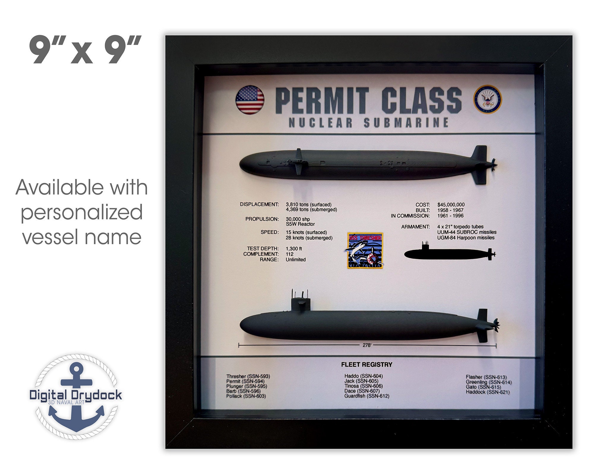 Permit Class Submarine Memorial Display Shadow Box, Thresher Class, 9 ...