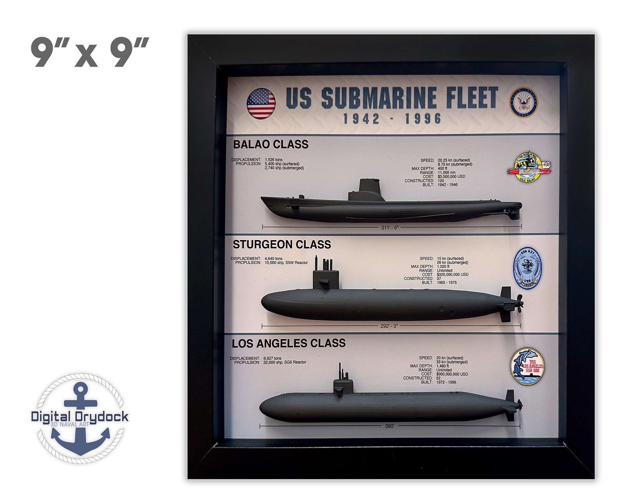 US Submarine Fleet Shadow Box Display, Balao, Sturgeon, Los Angeles ...