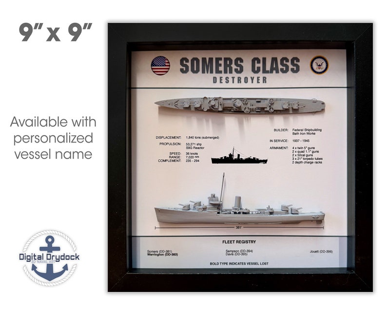 Somers Class Destroyer Memorial Display Shadow Box, WW2, 9 X 9, Black ...