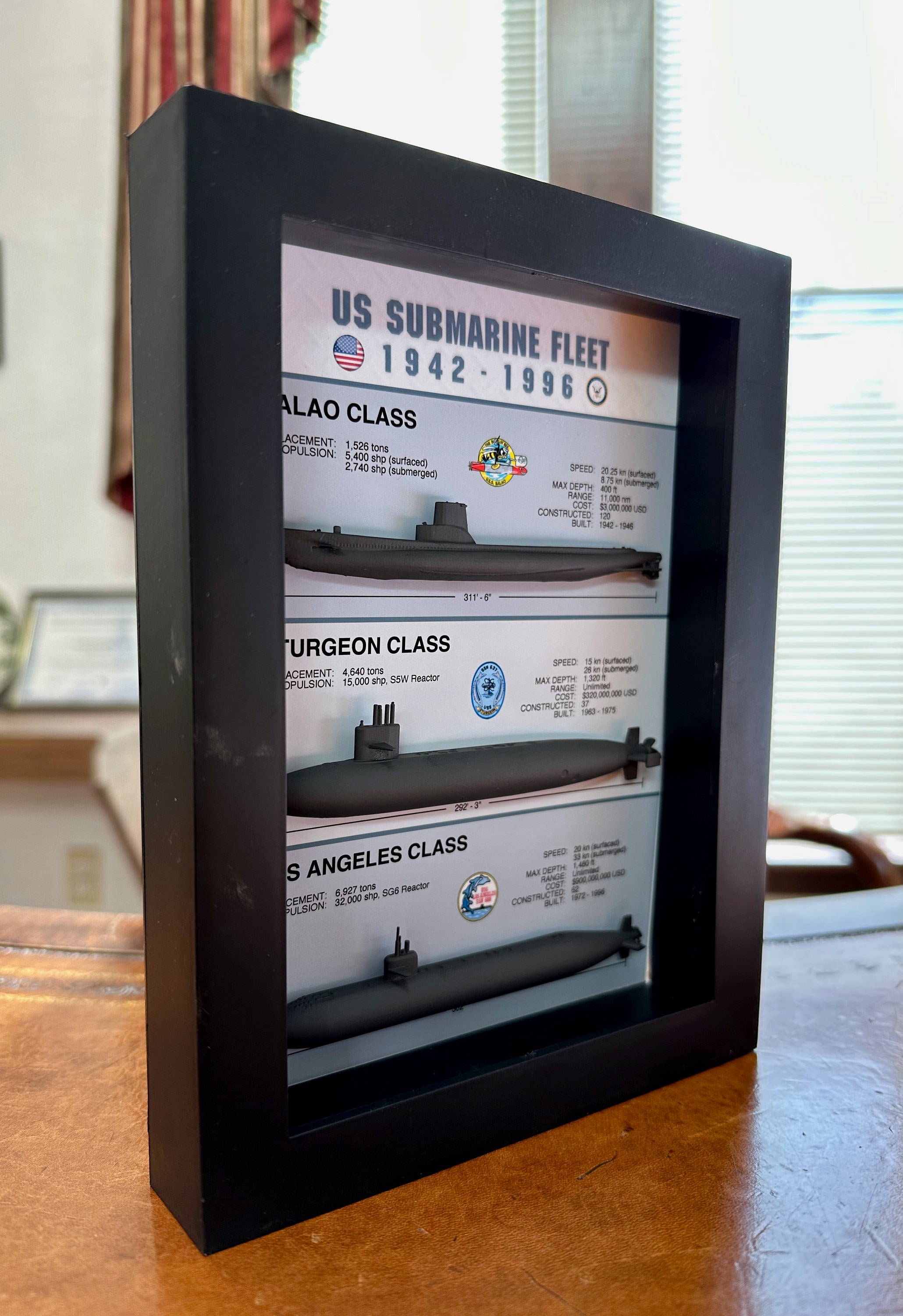 US Submarine Fleet Shadow Box Display, Balao, Sturgeon, Los Angeles, 6 ...