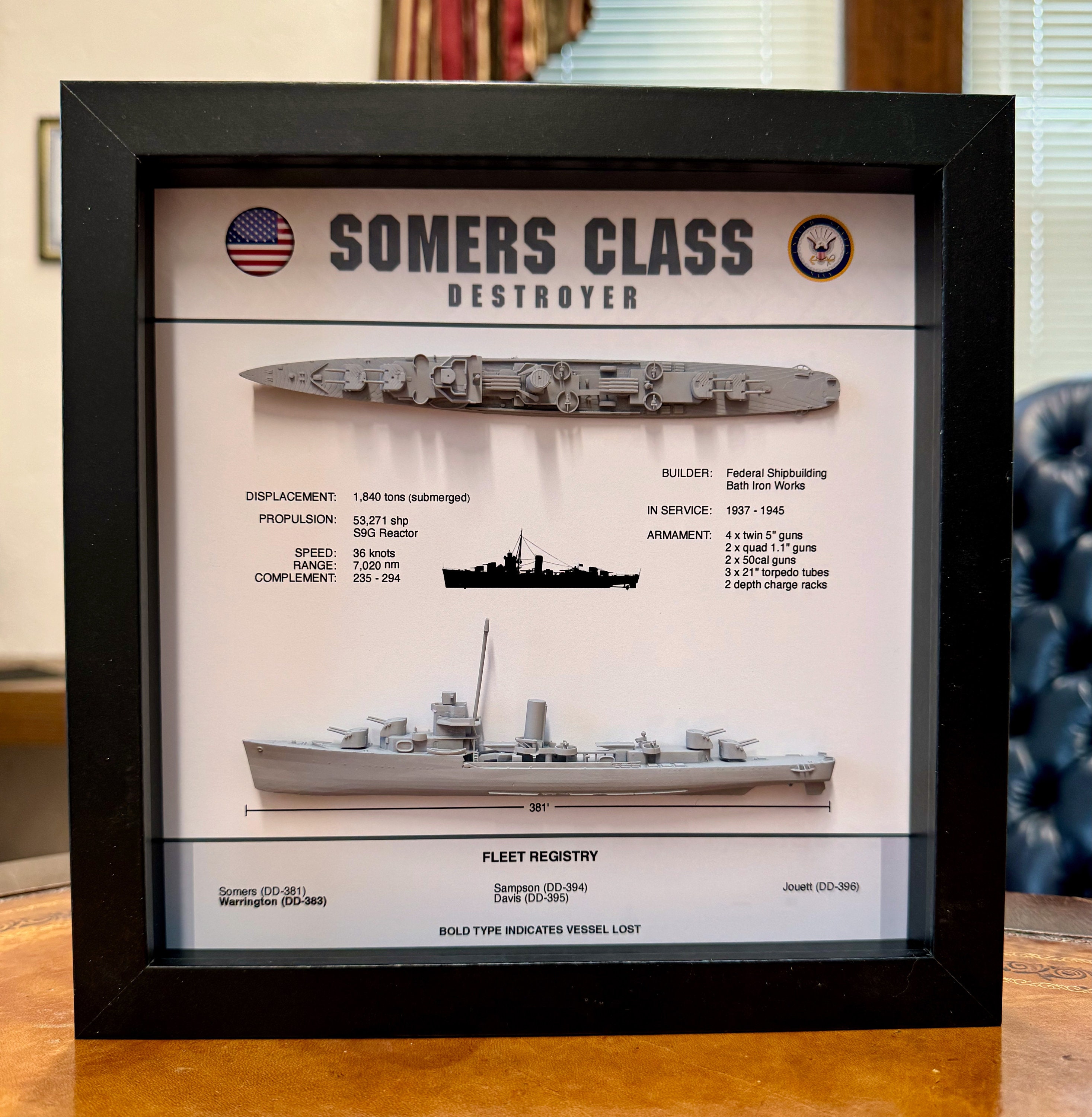 Somers Class Destroyer Memorial Display Shadow Box, WW2, 9 X 9, Black ...